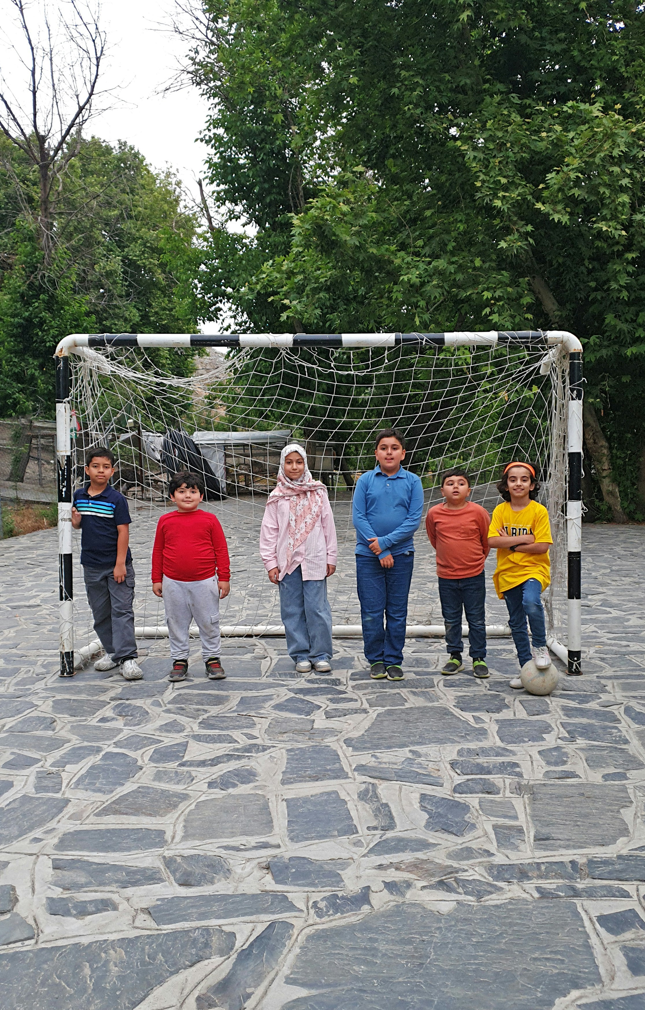 Line of Young Goaltenders: A Row of Kids in Front of a Net