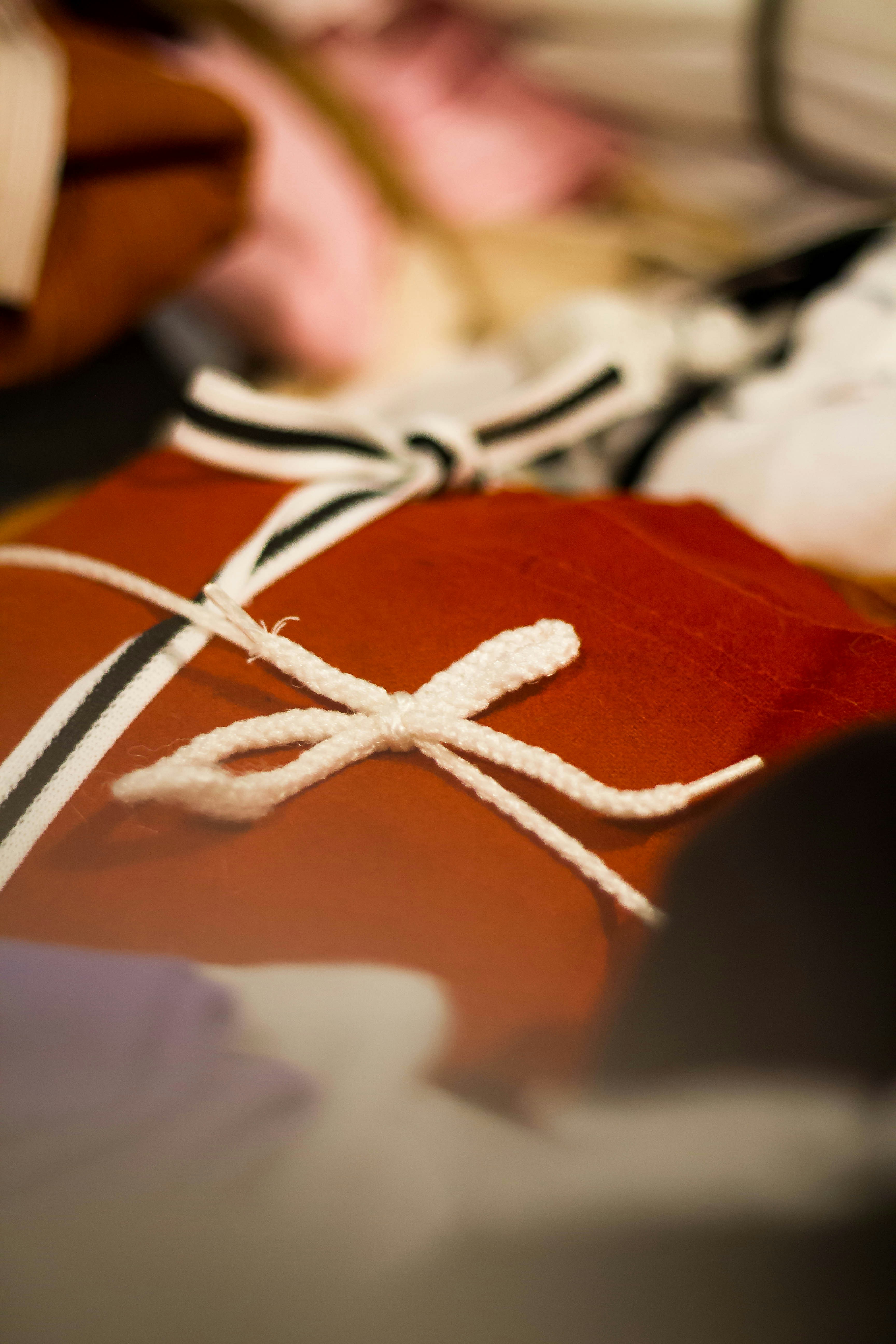 Holiday Gift in Focus: A Red Present Tied with White Ribbon