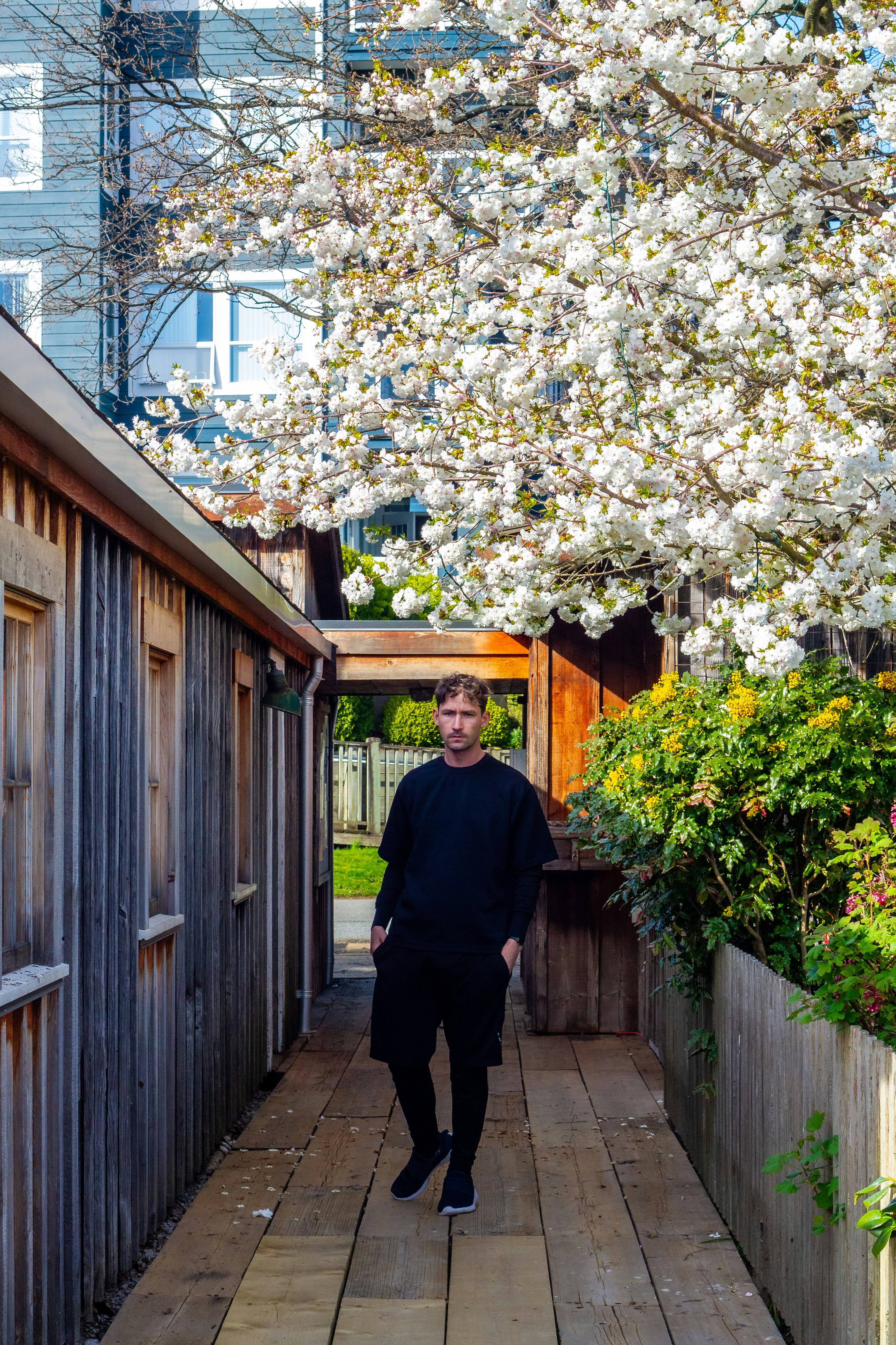 A man in dark clothing walks along a wooden pathway under blooming cherry trees; the scene blends urban and garden elements with a narrow alley leading to a brighter backdrop. This is a candid street-style photograph.