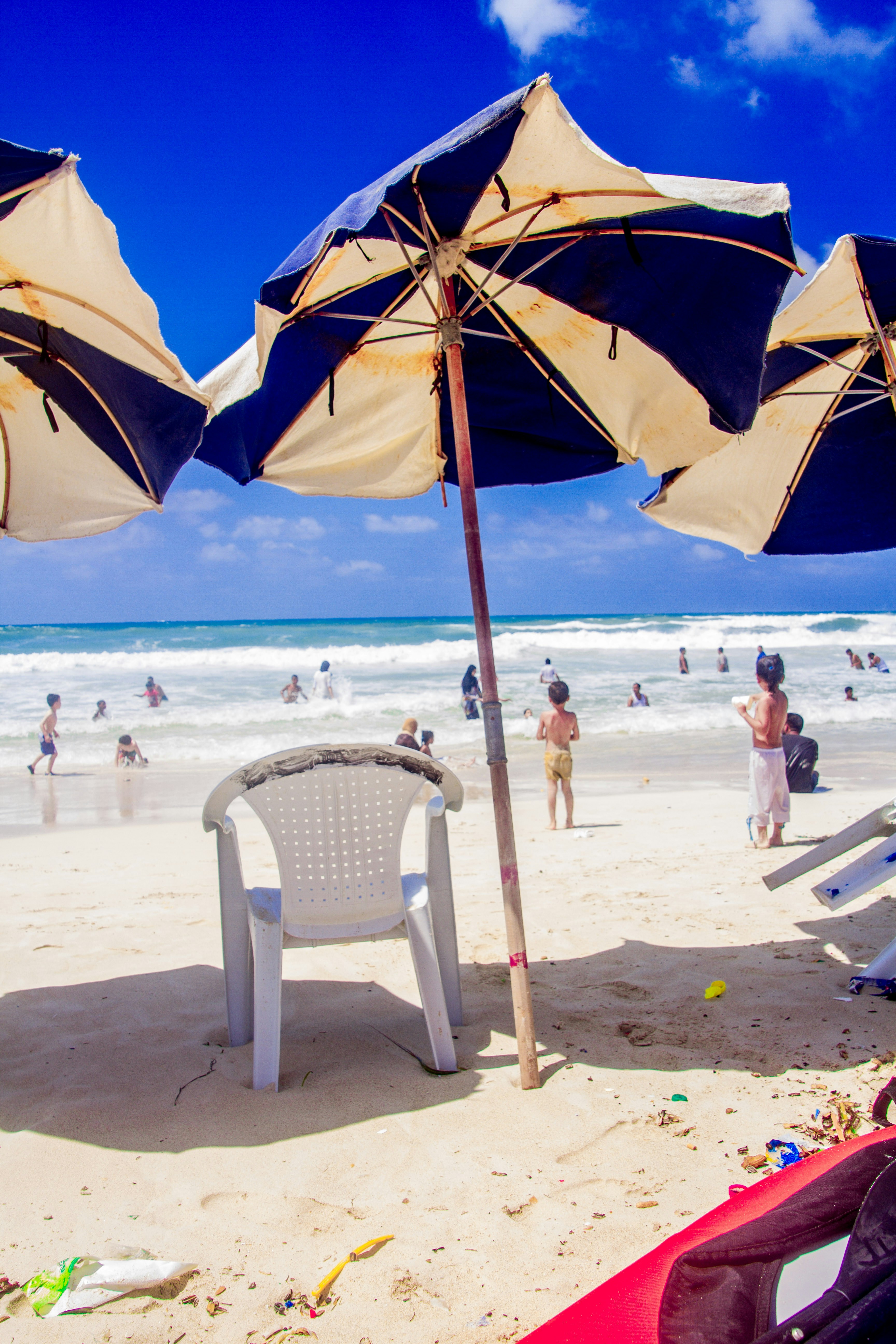 Sunlit Beach Loungers: Umbrellas Framing the Ocean Crowd