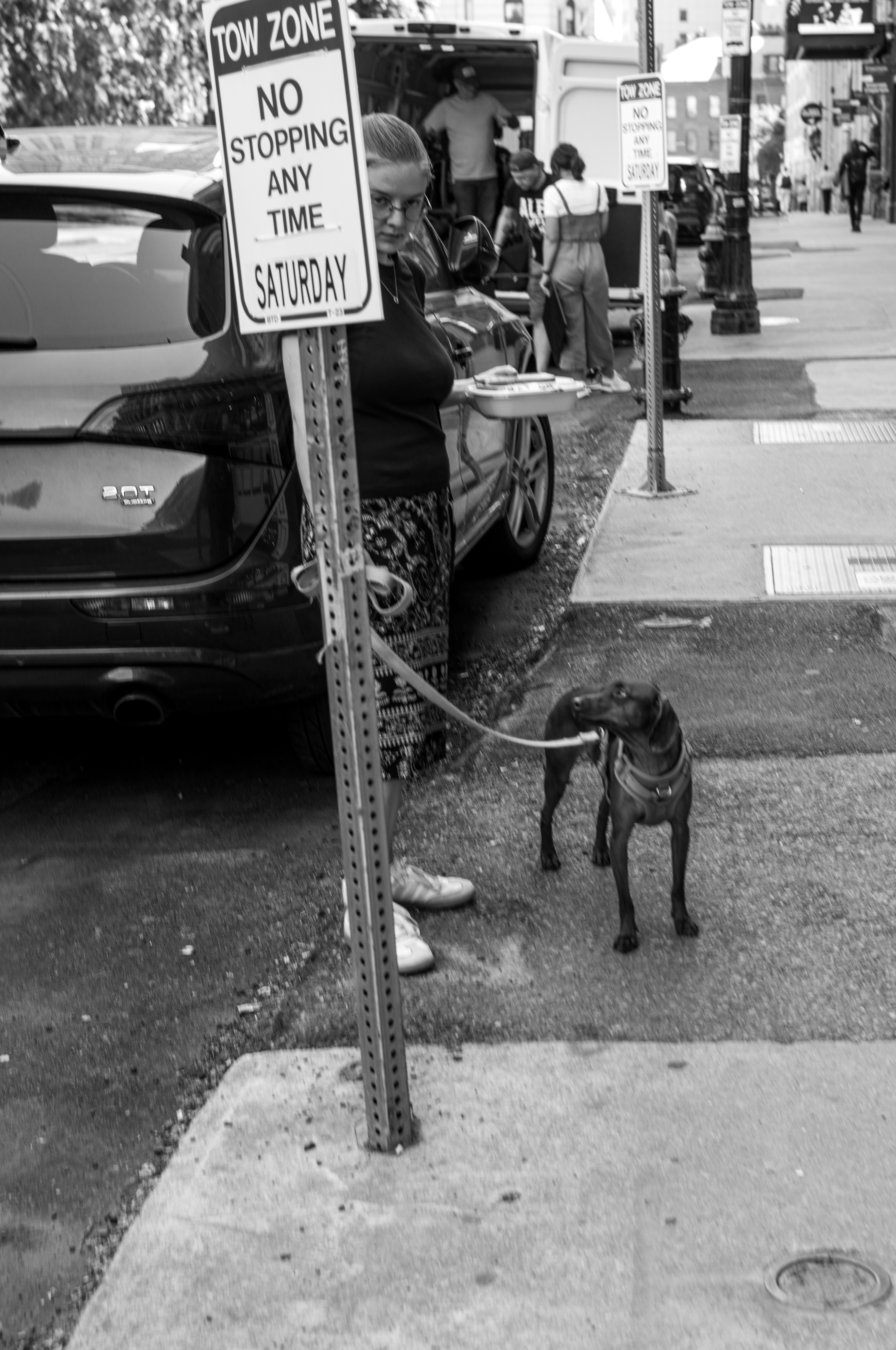 Woman with Smoking Sign Beside Dog on Urban Street