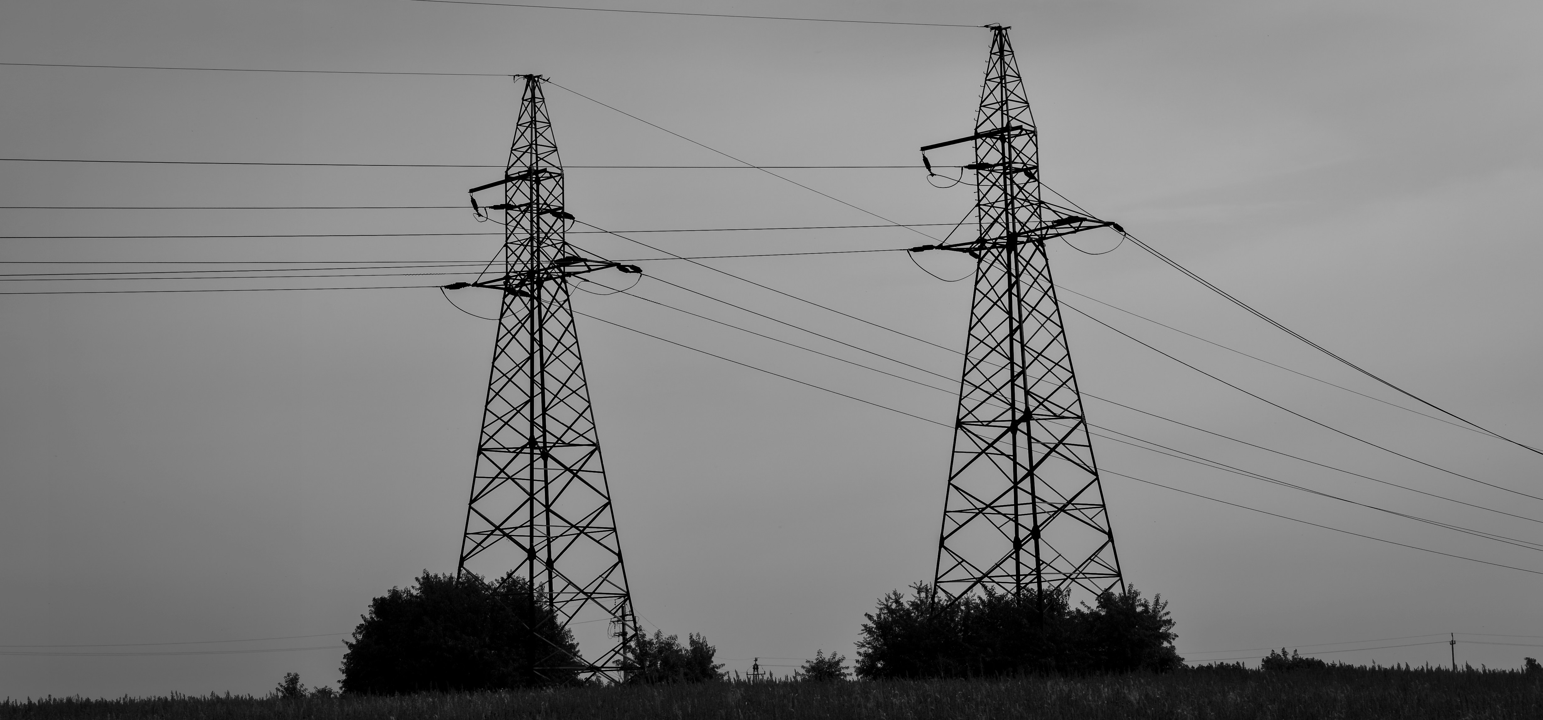 Two lattice transmission towers rise above a flat landscape in grayscale, their lines converging toward the horizon to emphasize scale and structure.