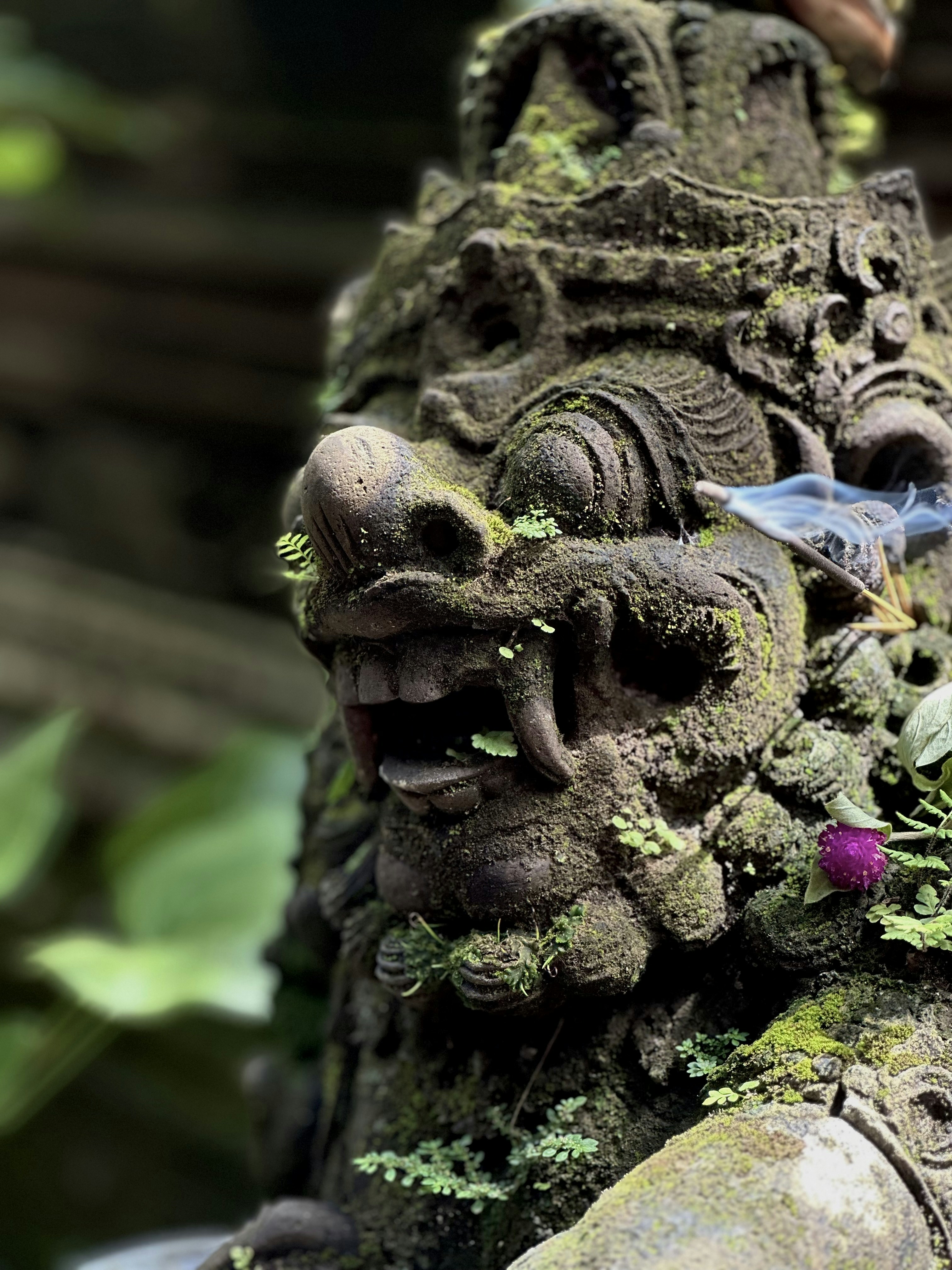 Moss-Cleeved Guardian: A Weathered Stone Dragon in a Lush Nook