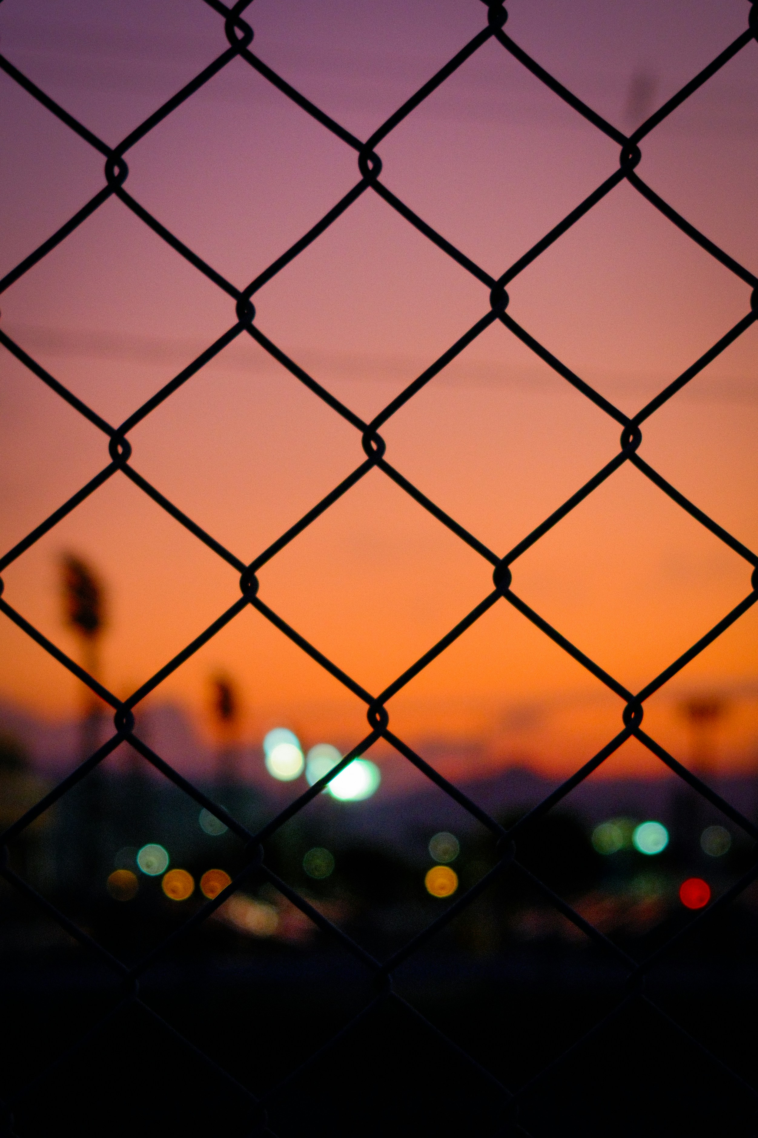 Sunset Through a Mesh of Shadows: City Lights Behind a Fence