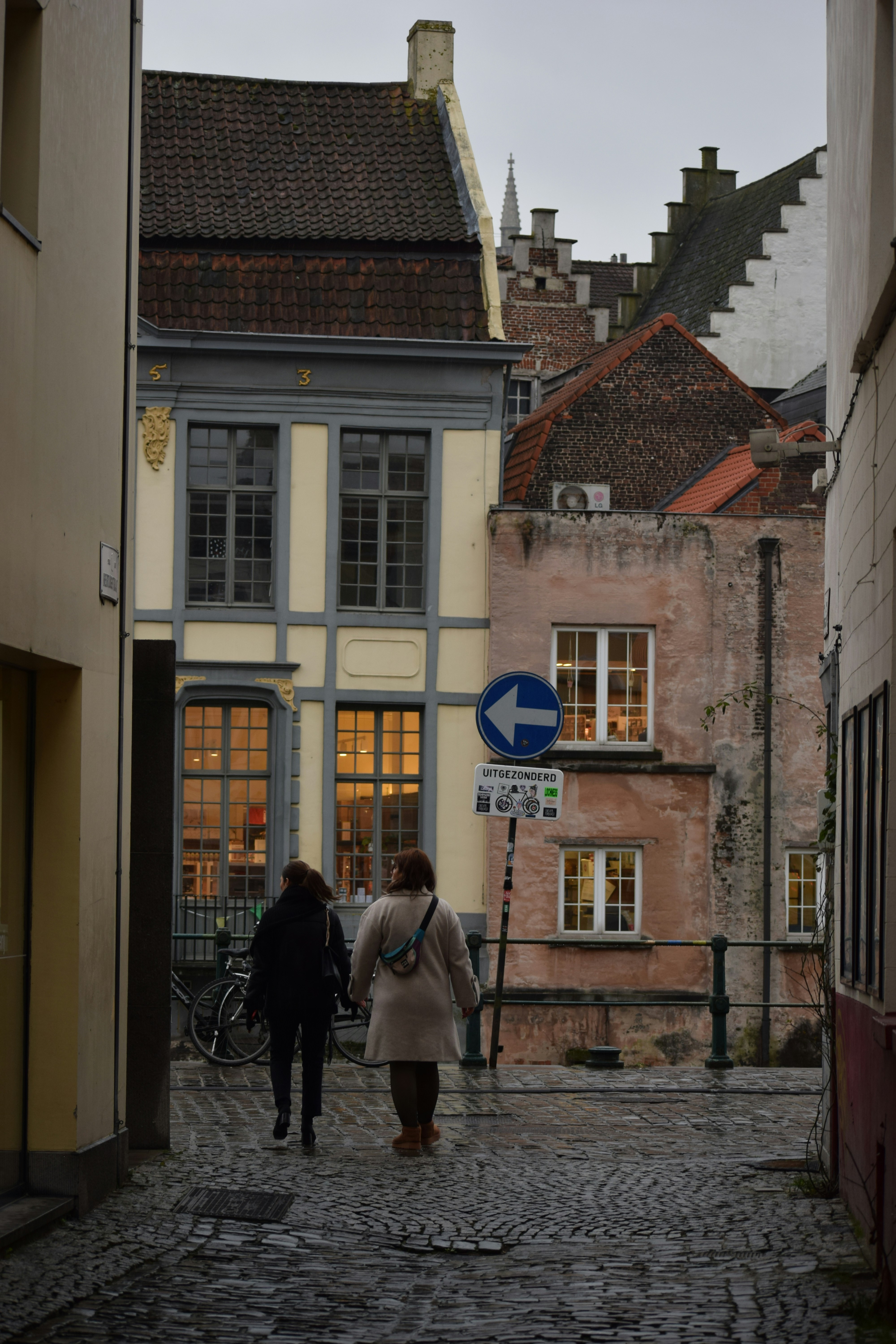 Cobblestone Alleyway Meeting: Two Wanderers in a Historic Quarter