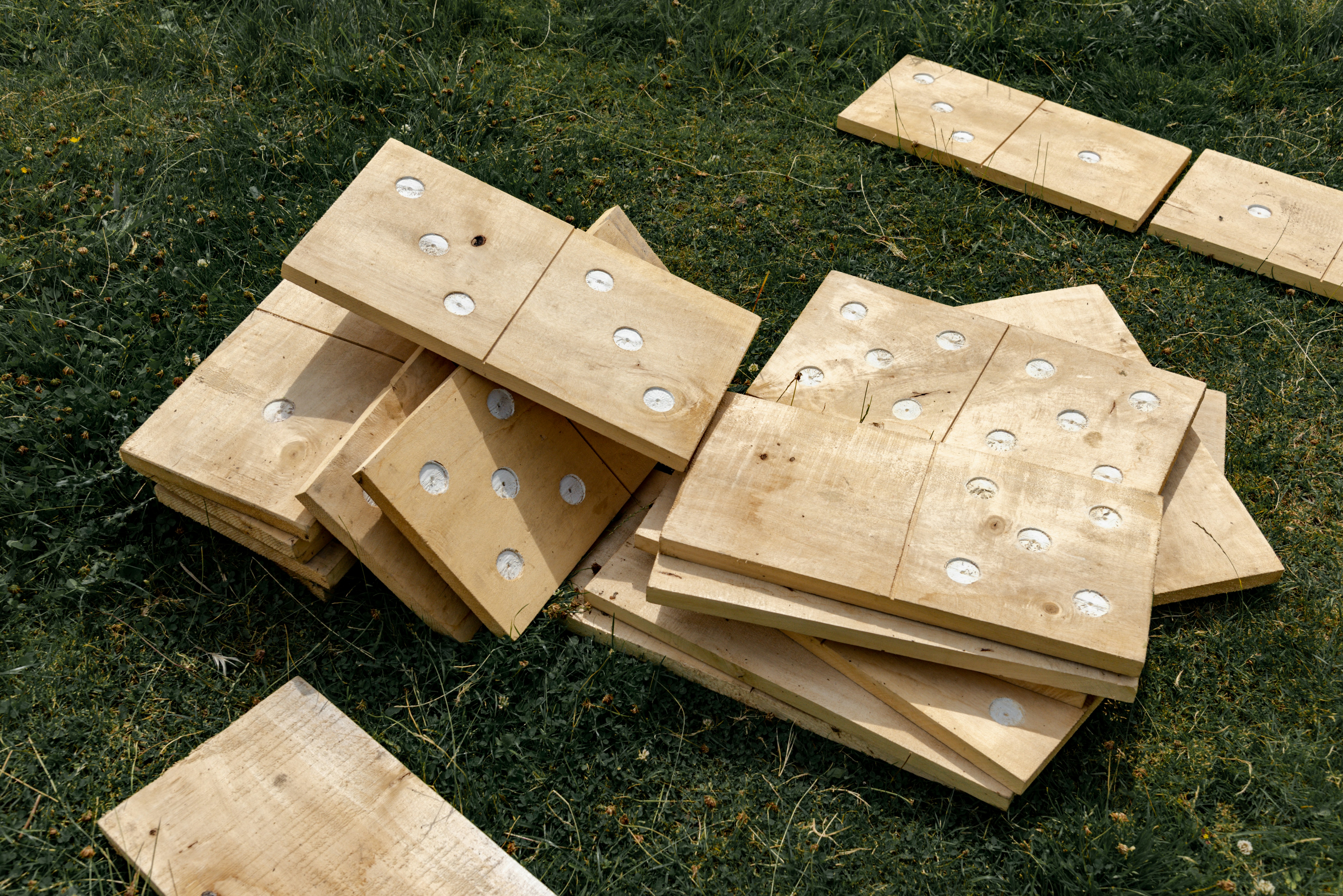 Wooden Dominoes: Stacked Planks with Circular Inlays Spreading Across Grass