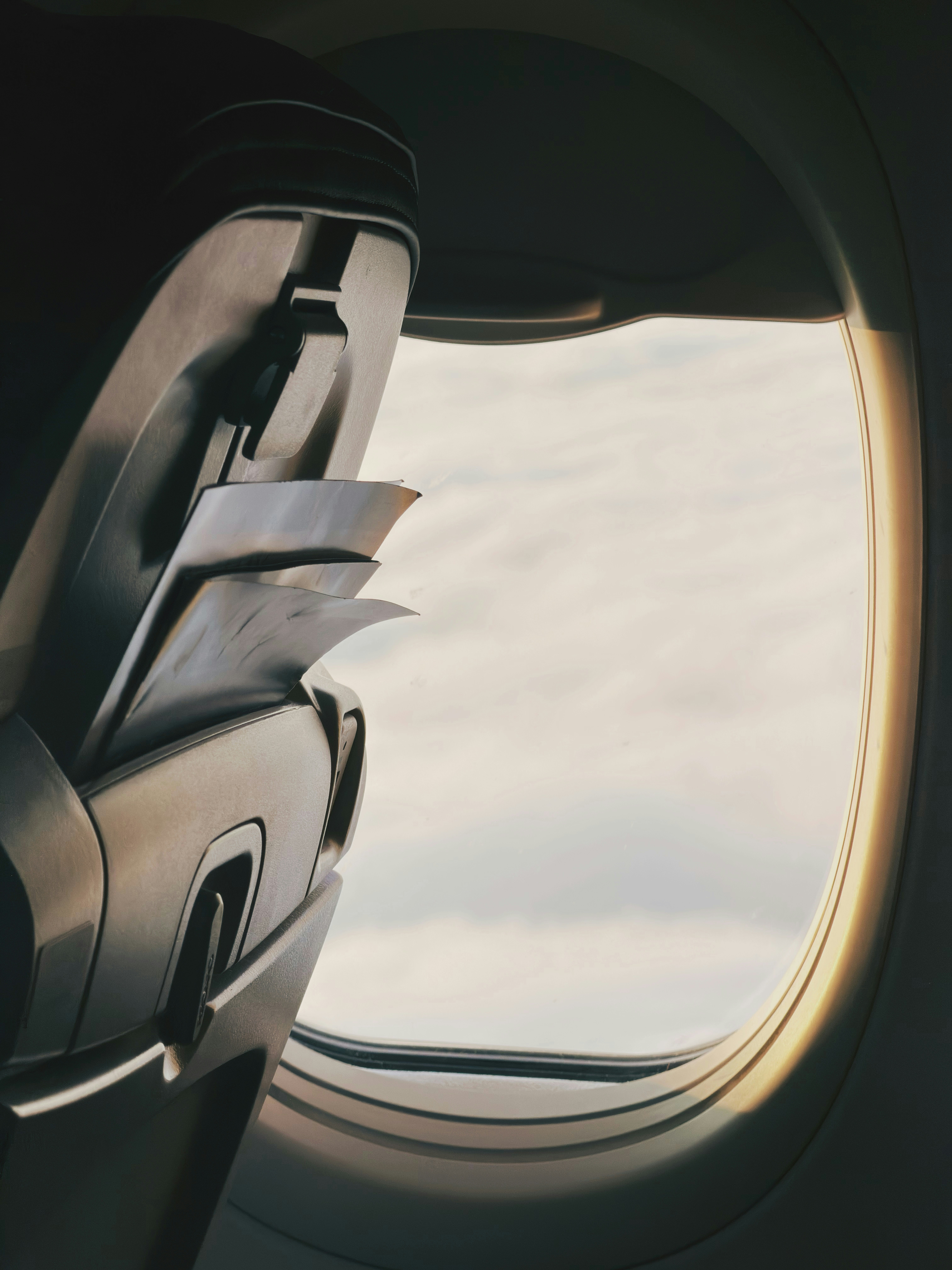 Folded wings of sunlit travel: aircraft seatback details in cabin view