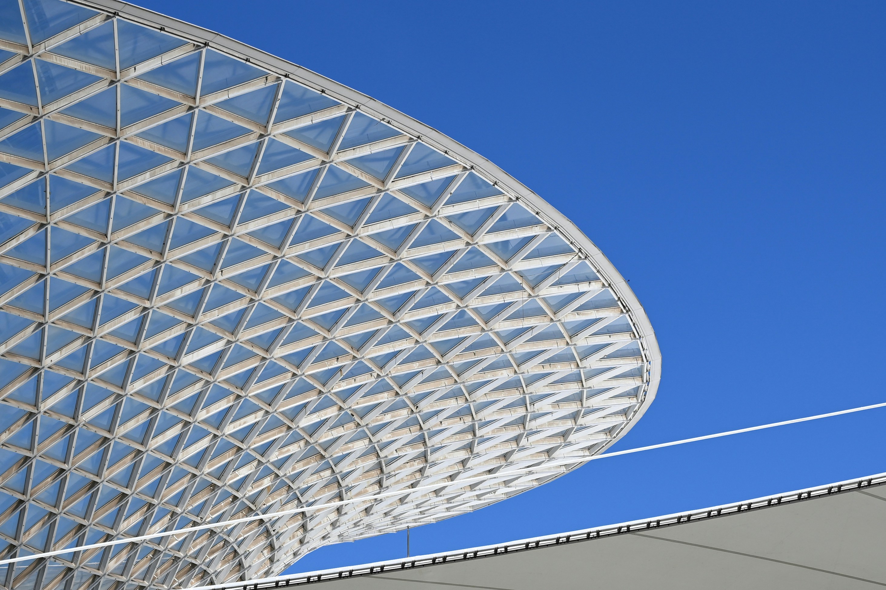 Curved lattice canopy meets clear blue sky: architectural geometry