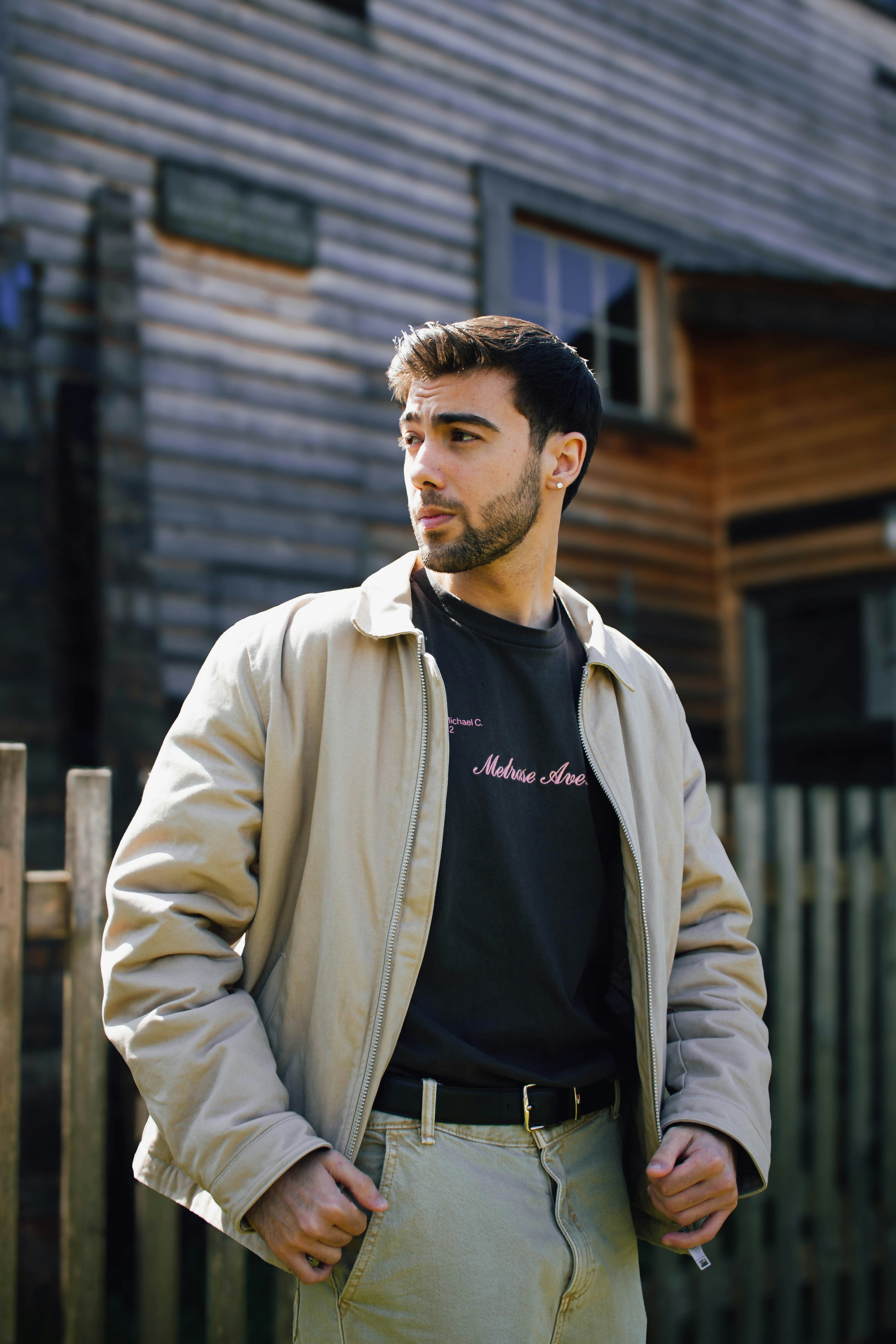 Casual Confidence Under Wooden Skies