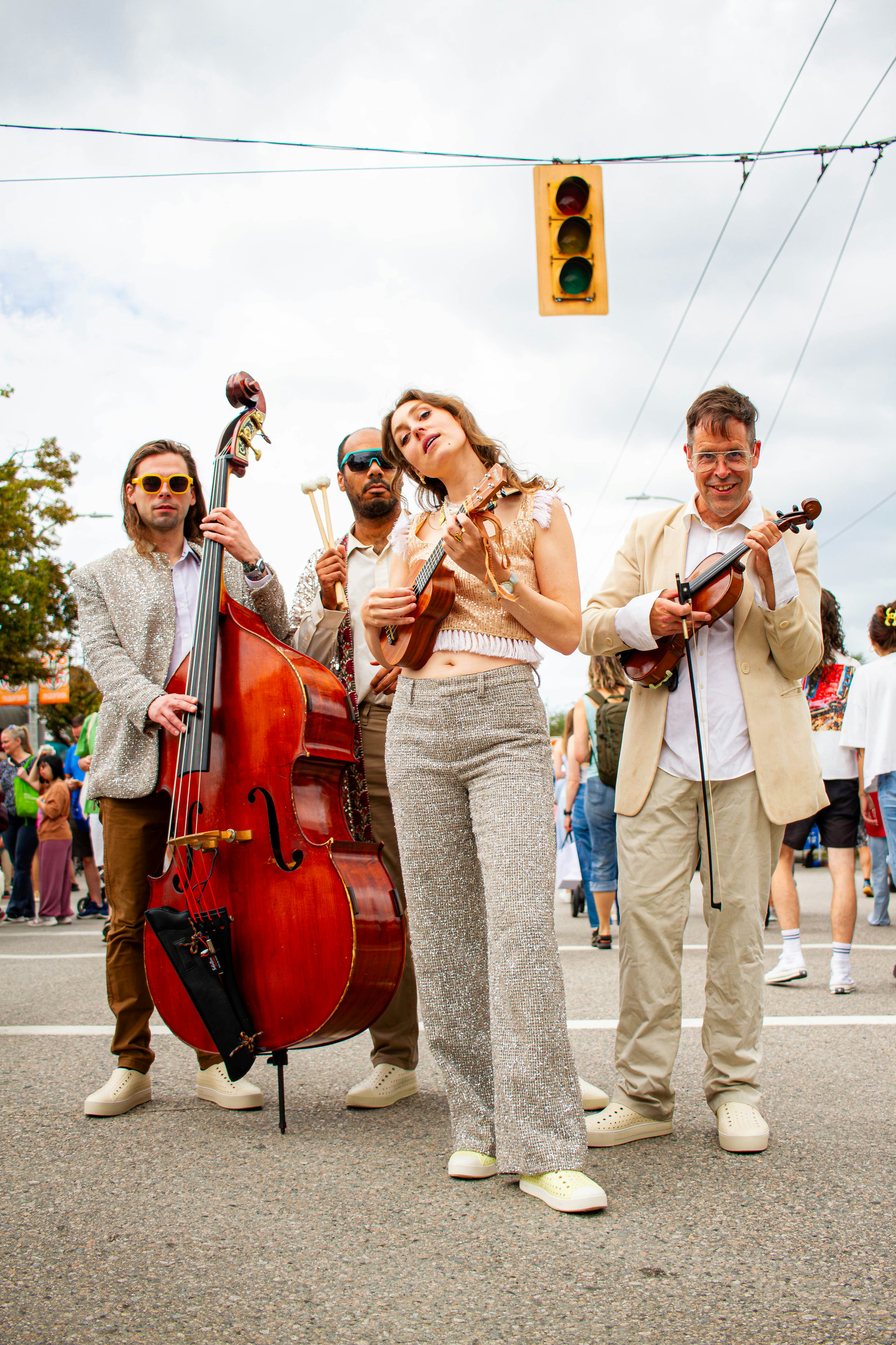 Groove Under the Streetlight: A Silver-Suited Quartet Feels the Rhythm