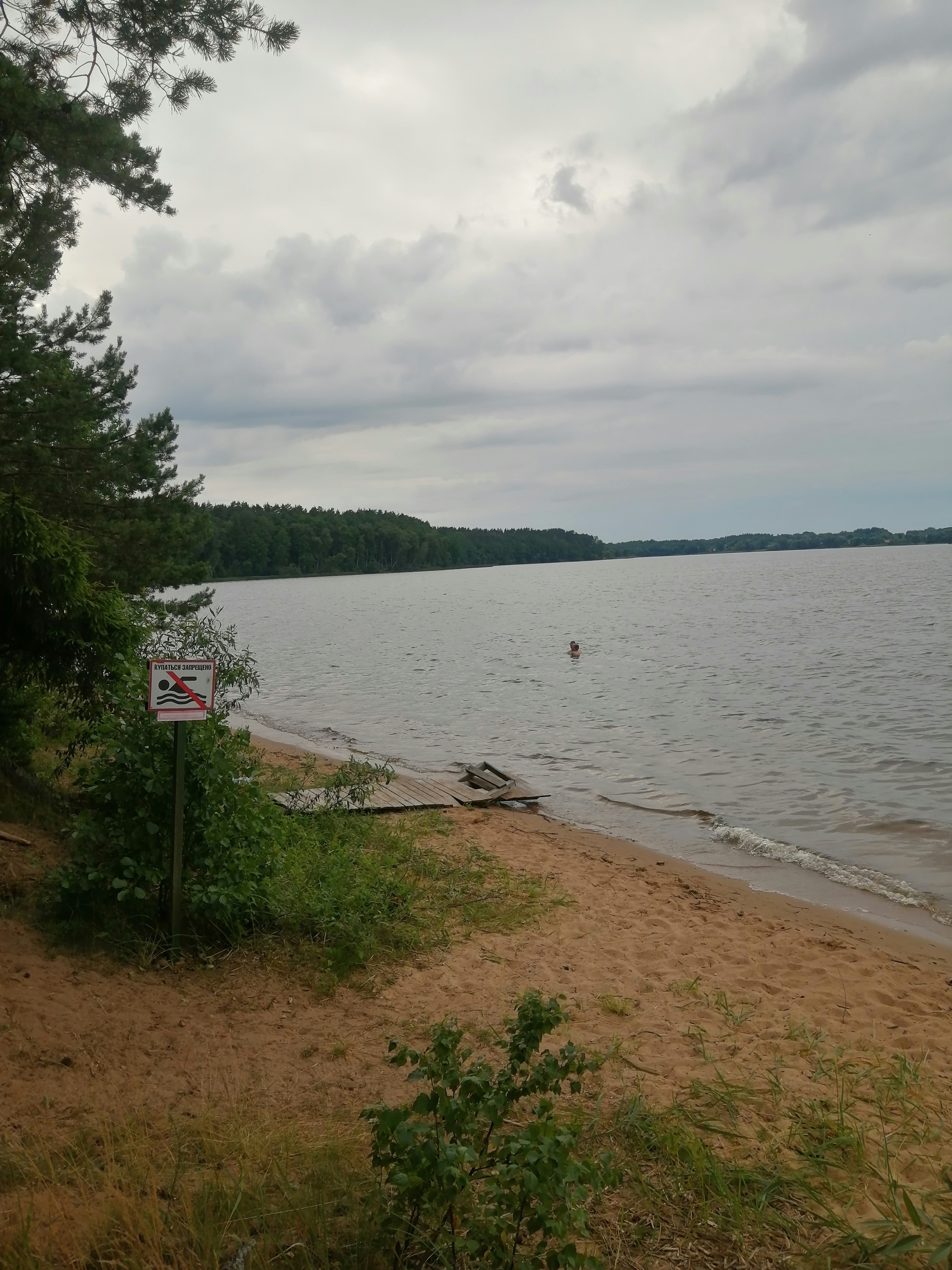 Shoreline Sign and Docks at a Quiet Lake
