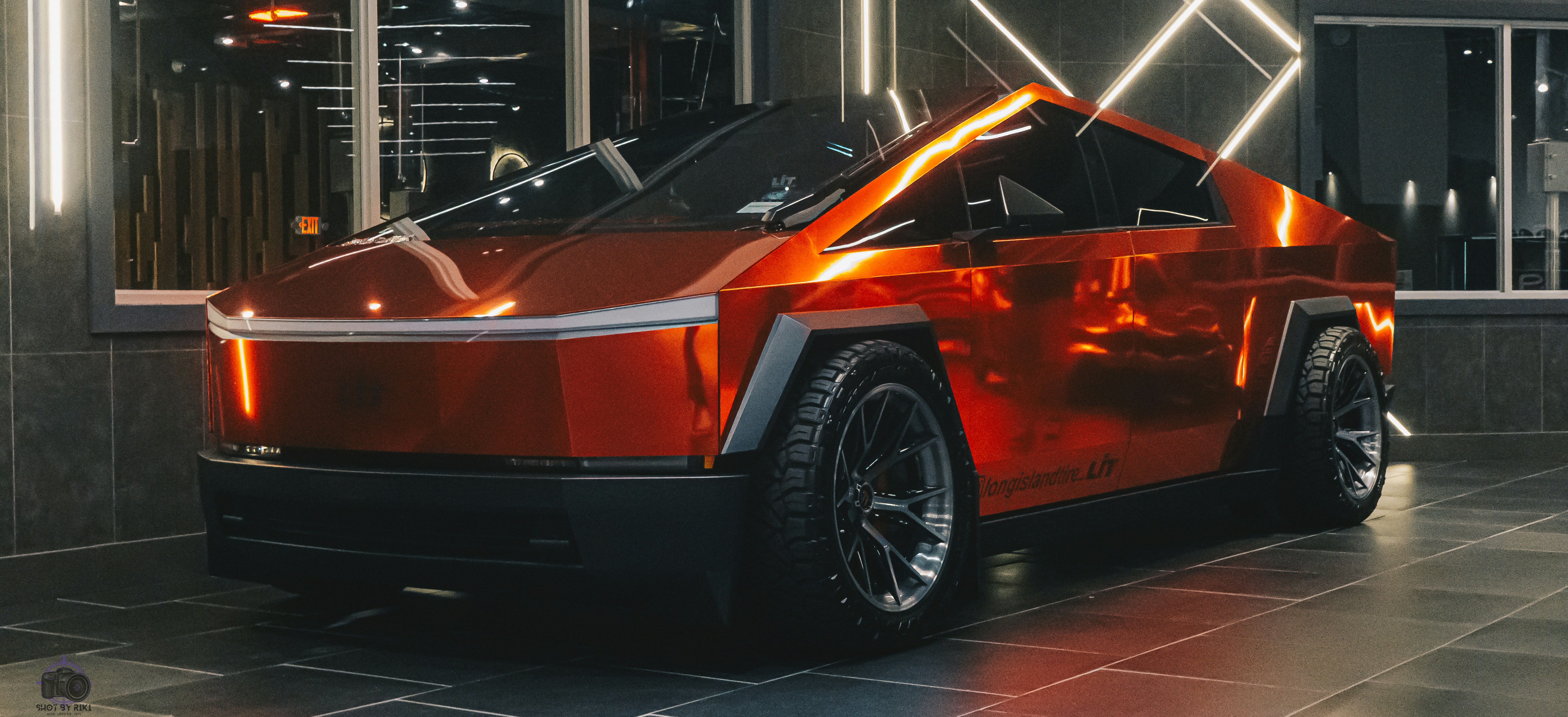 Crimson Blade: A Futuristic Concept Car in Neon-lit Showroom