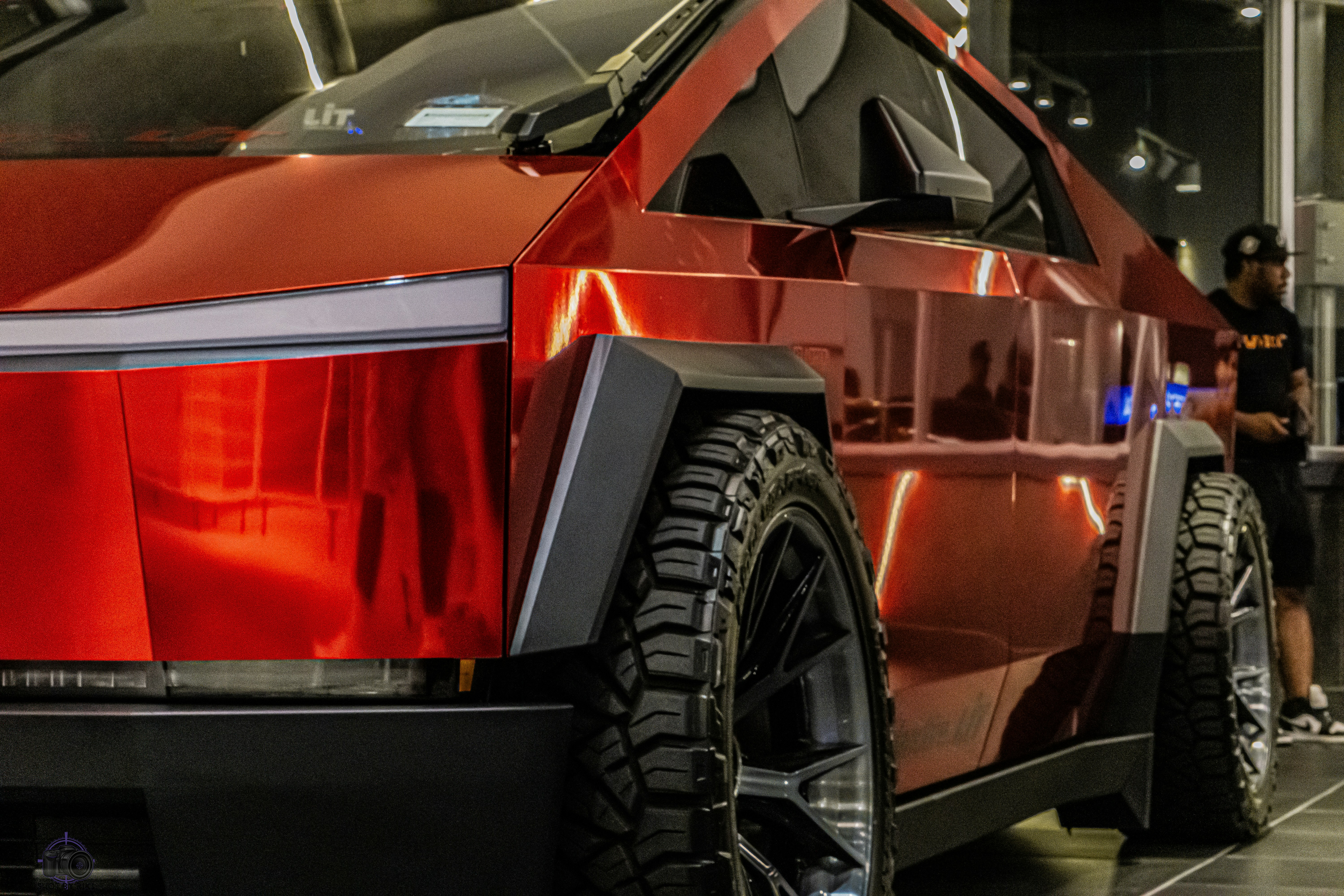 Red Beast in the Showroom: A Close-Up of Angled Power and Gloss