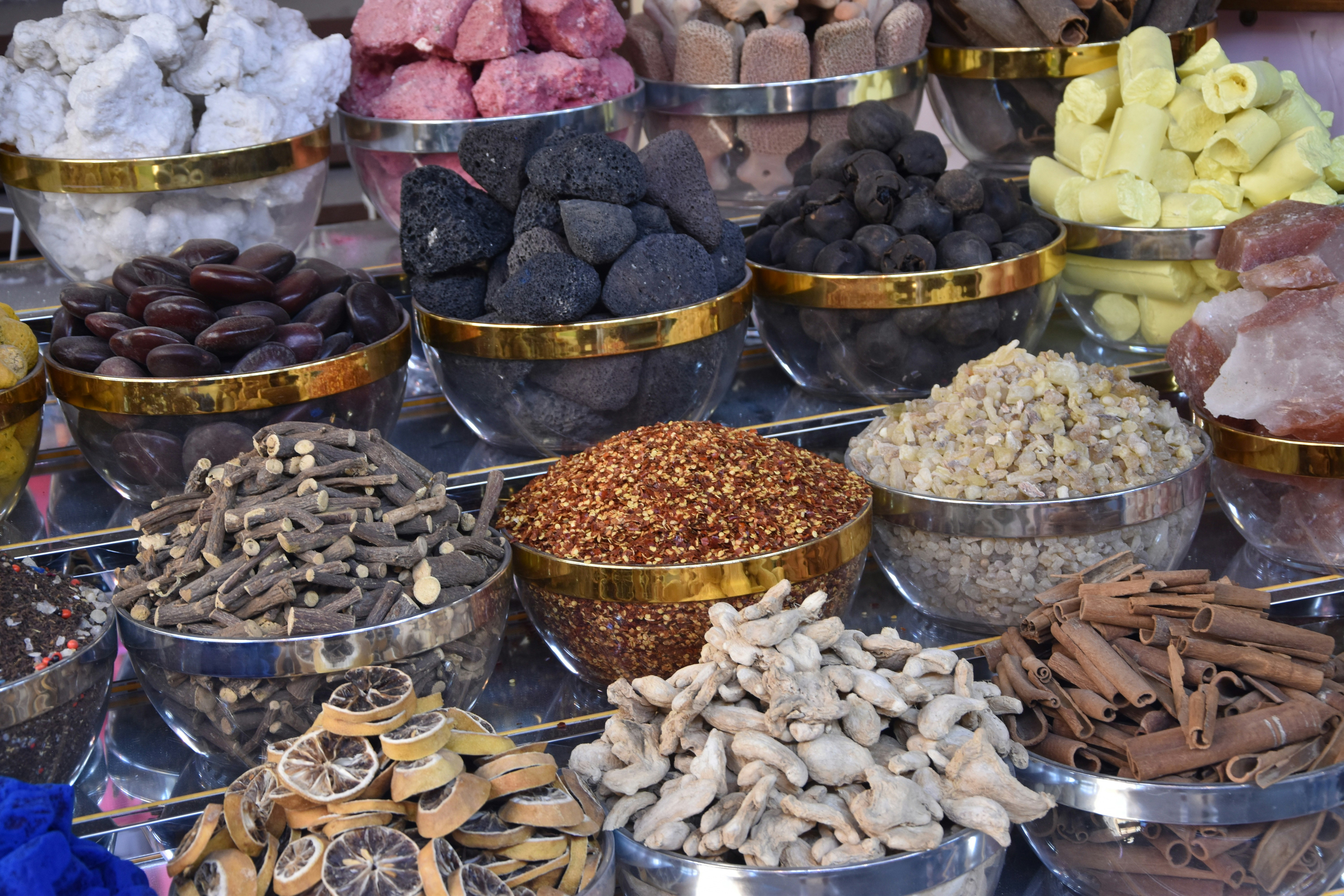 Colorful Spice Carousel at a Market Stall