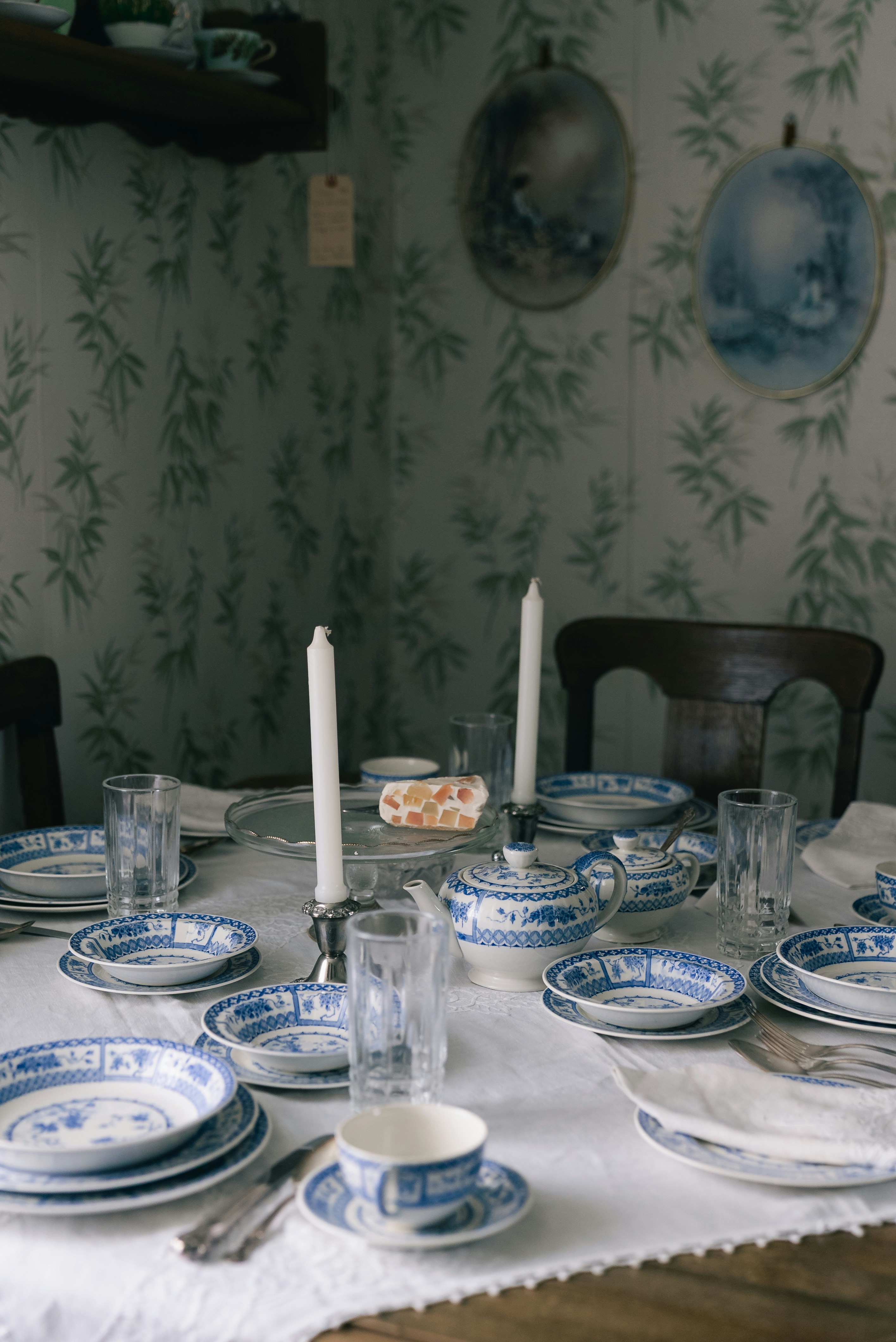 Blue and White Tableware Quietly Set for Evening Reflection