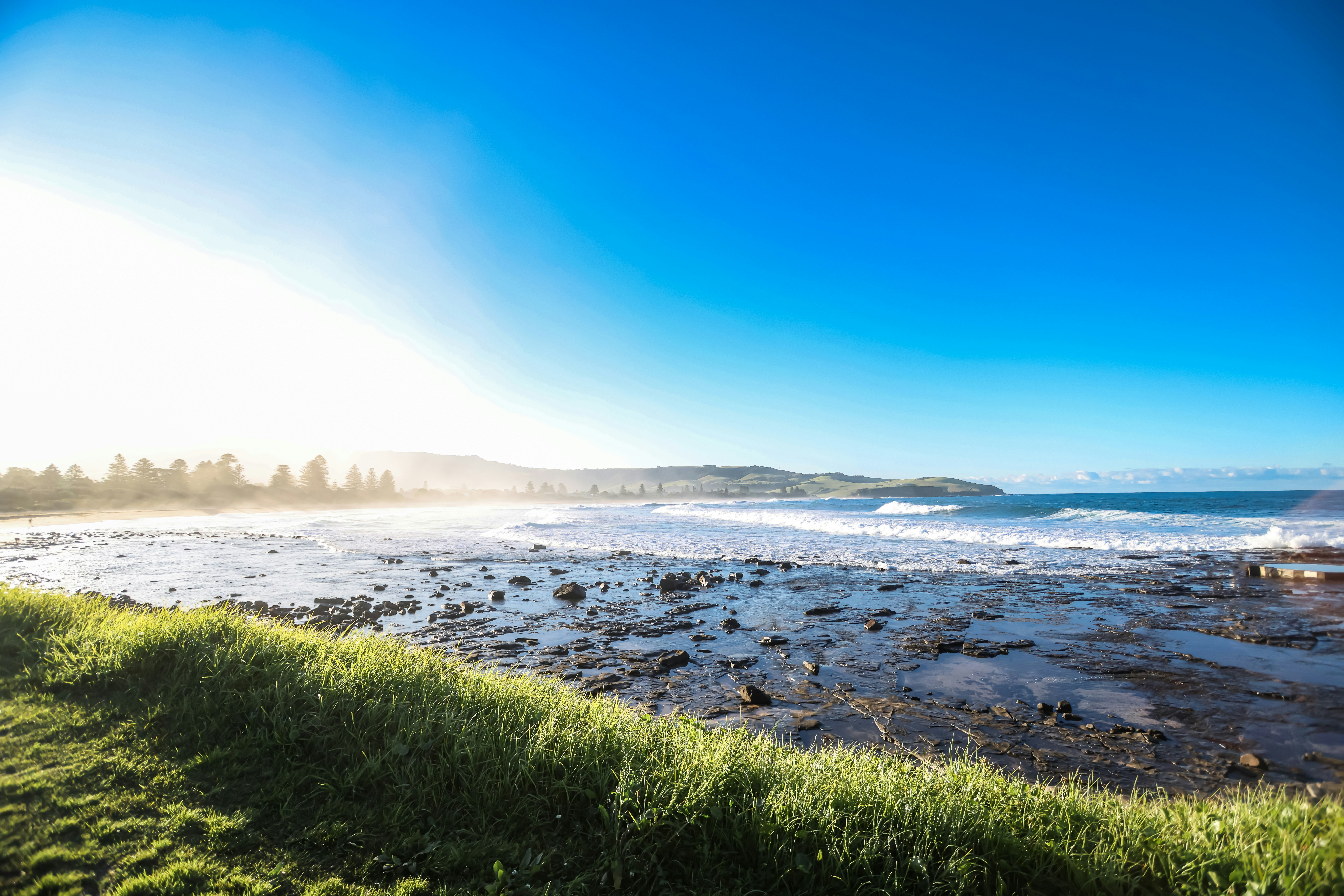 Dawn Mist over Rocky Shoreline with Verdant Foreground