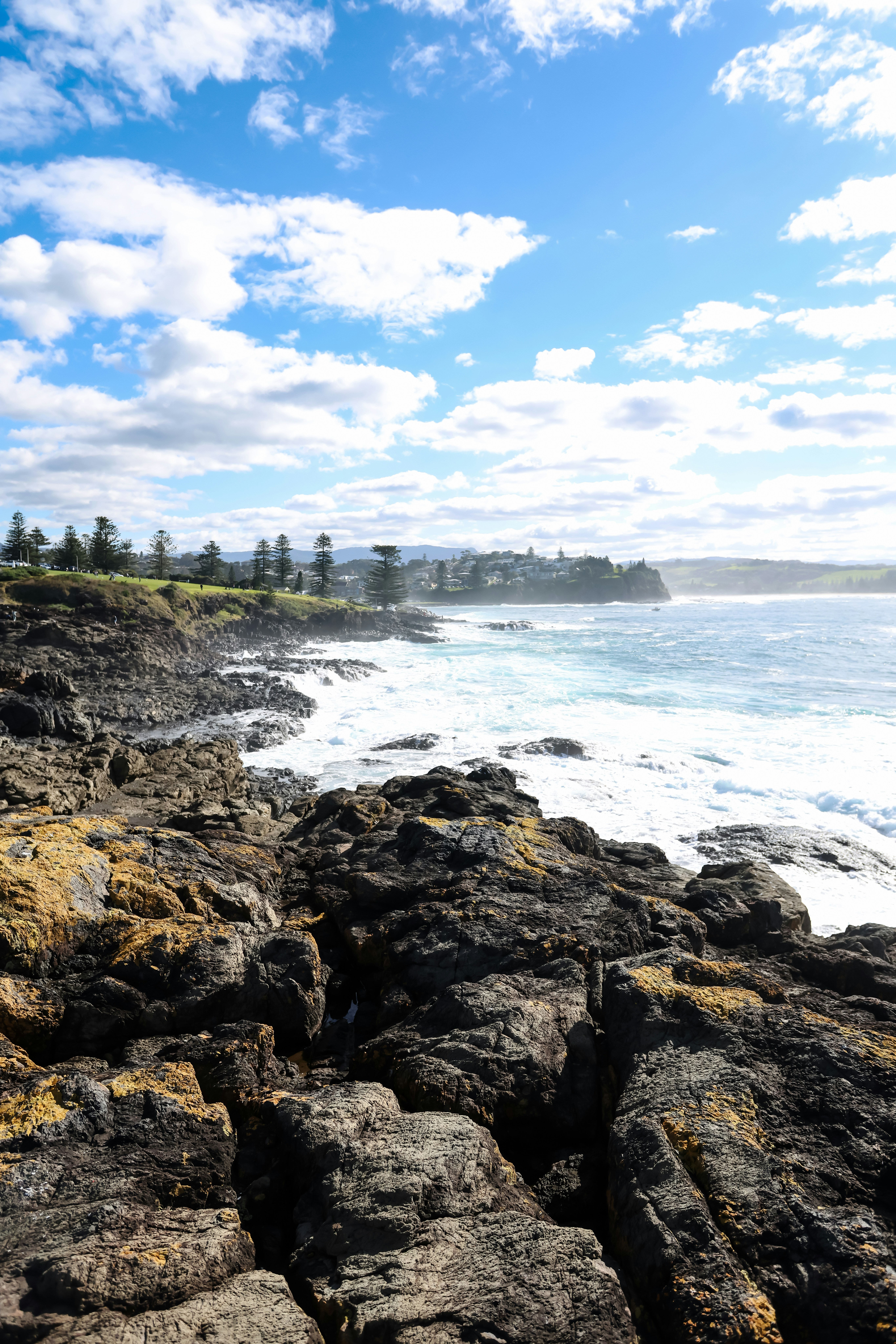 Coastline with jagged dark lava rocks meeting blue ocean under a bright sky; distant trees line the shore, suggesting a rugged seaside landscape.