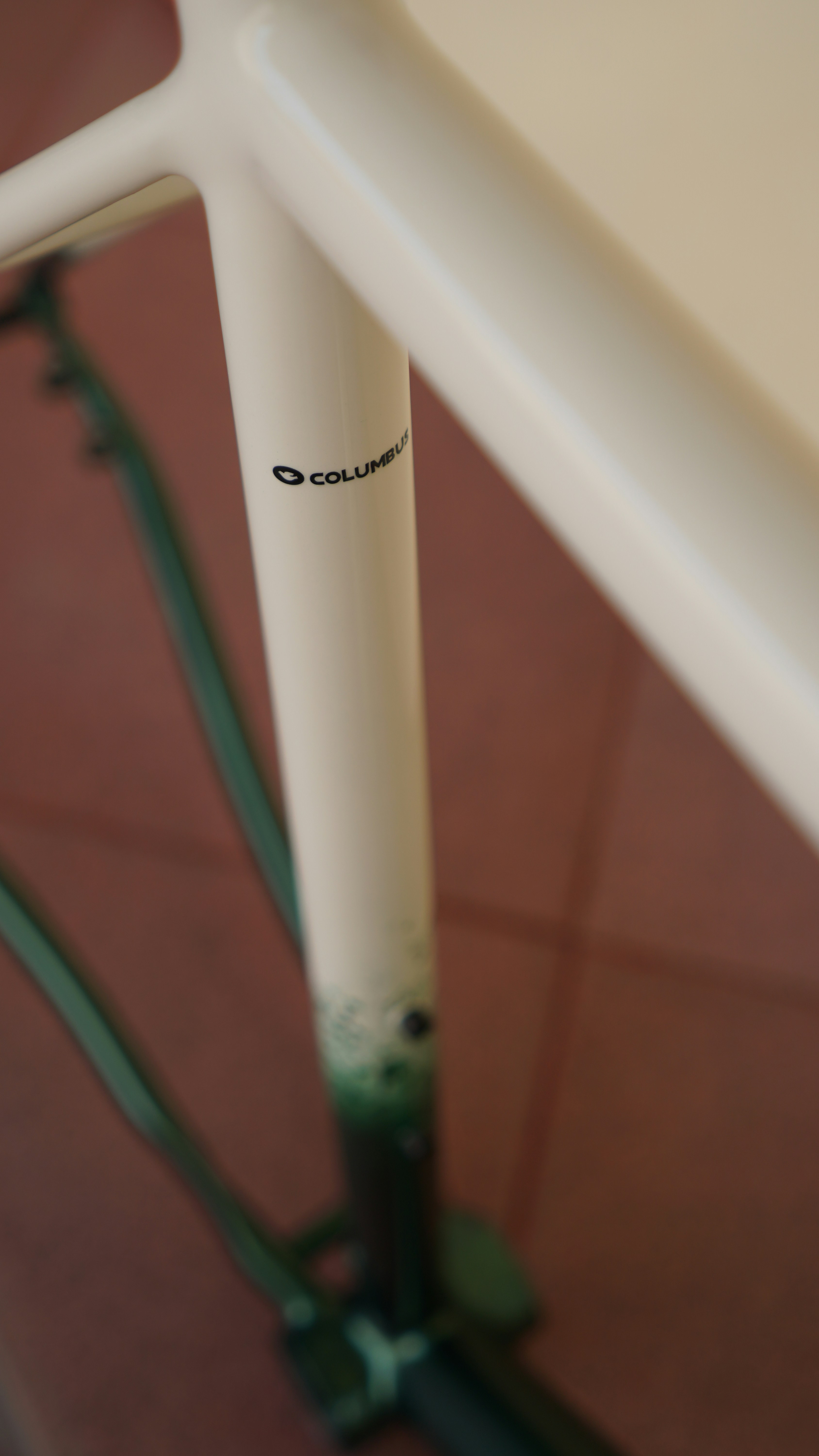Close-up of a bicycle seat tube with brand marking in soft focus
