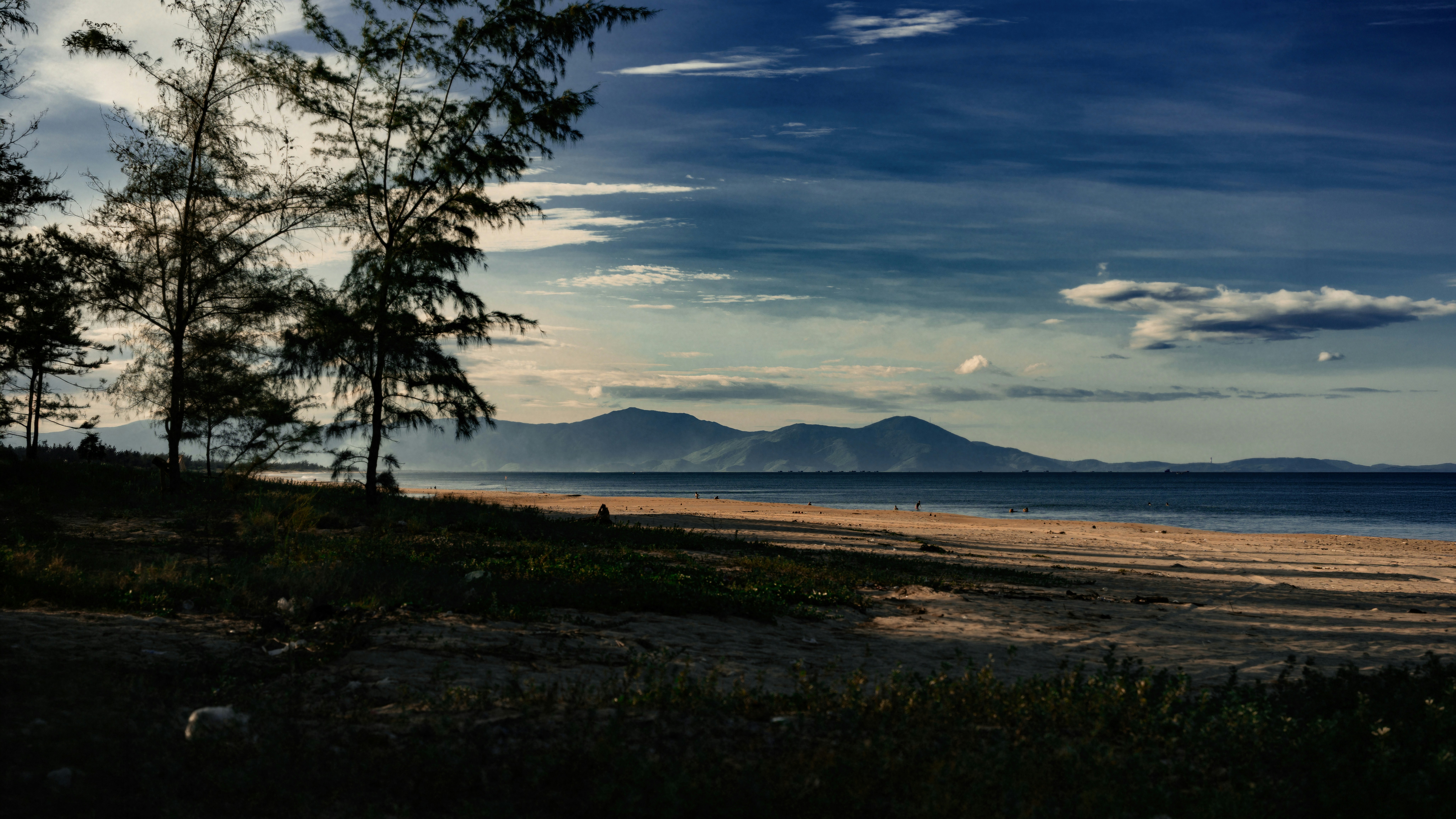 Coastal landscape at dusk with a sandy shoreline, calm water, and distant mountains under a blue sky; a few trees on the left frame the scene. (image contains a natural landscape foreground with distant landforms).