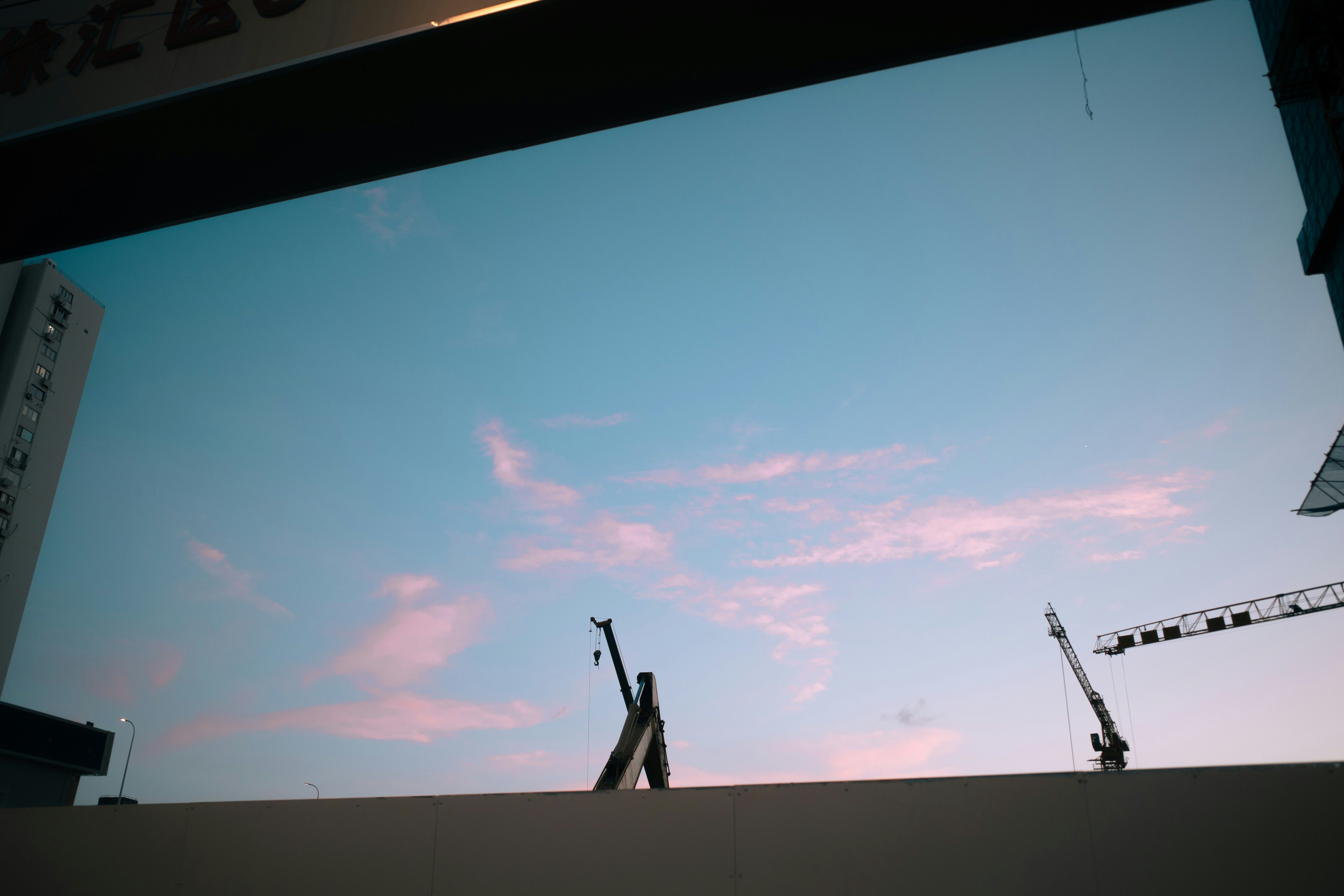 Crane silhouettes under a pastel evening sky