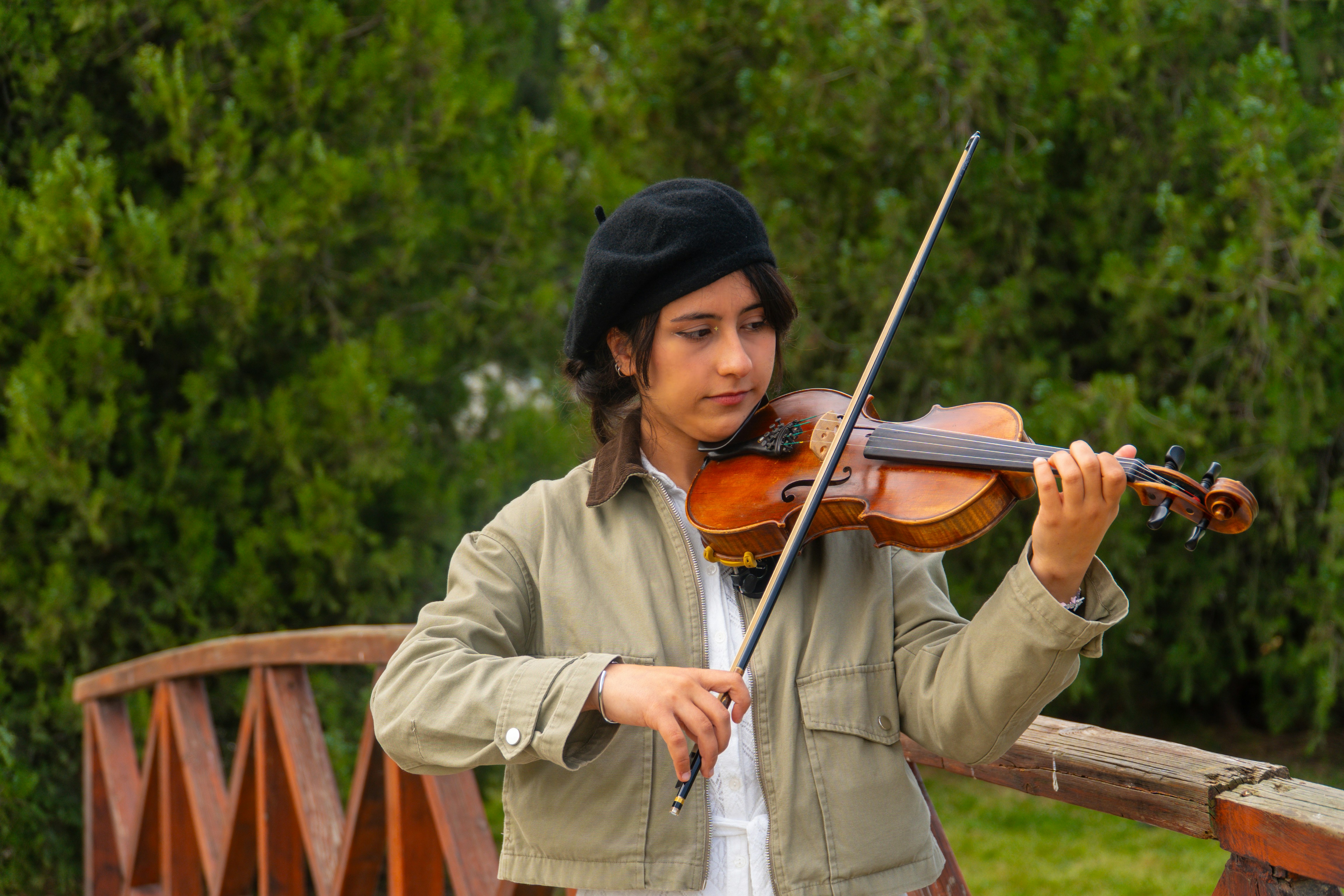 Violinist in a Quiet Park, Focused on Strings and Bow