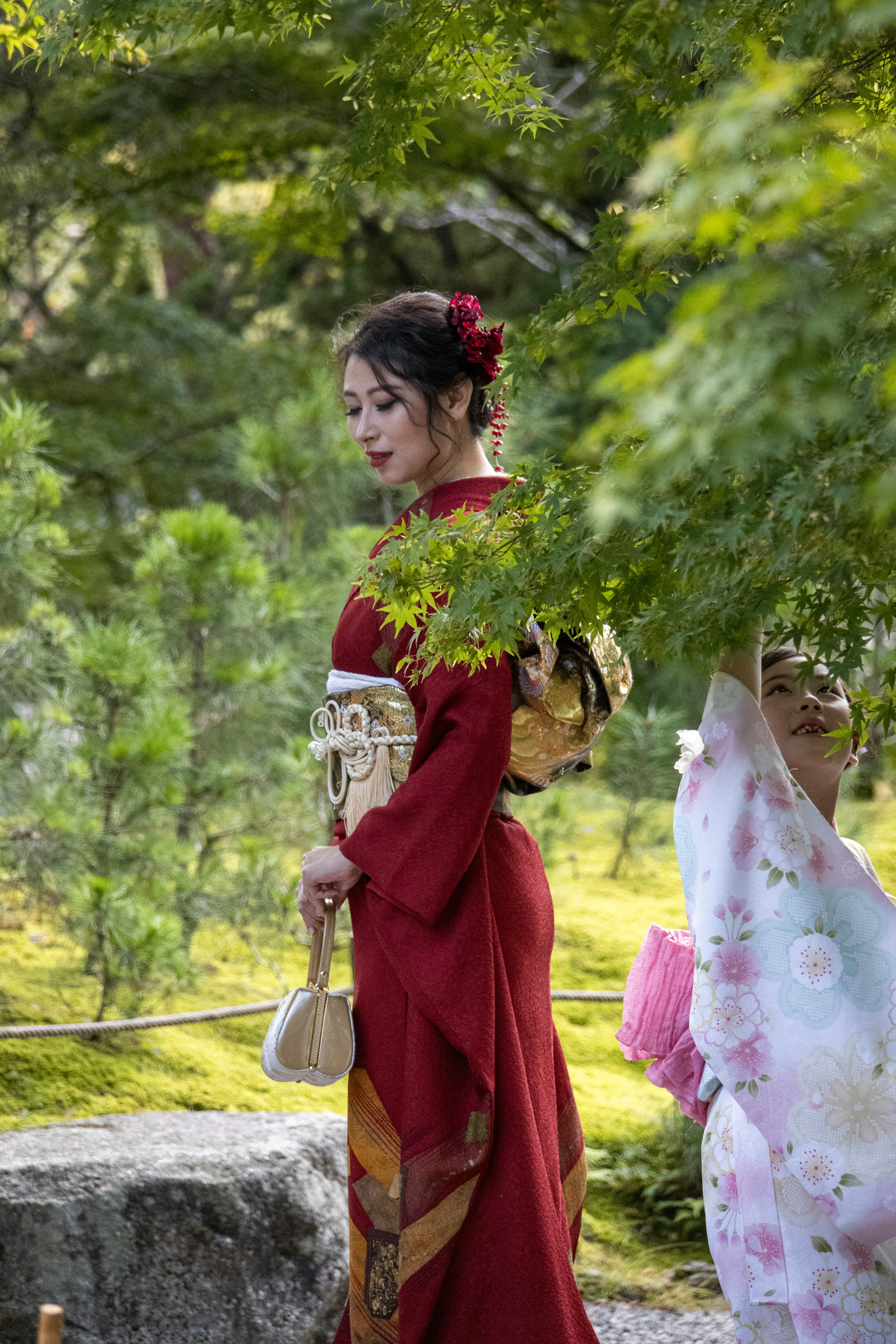 Red Kimono in a Quiet Garden