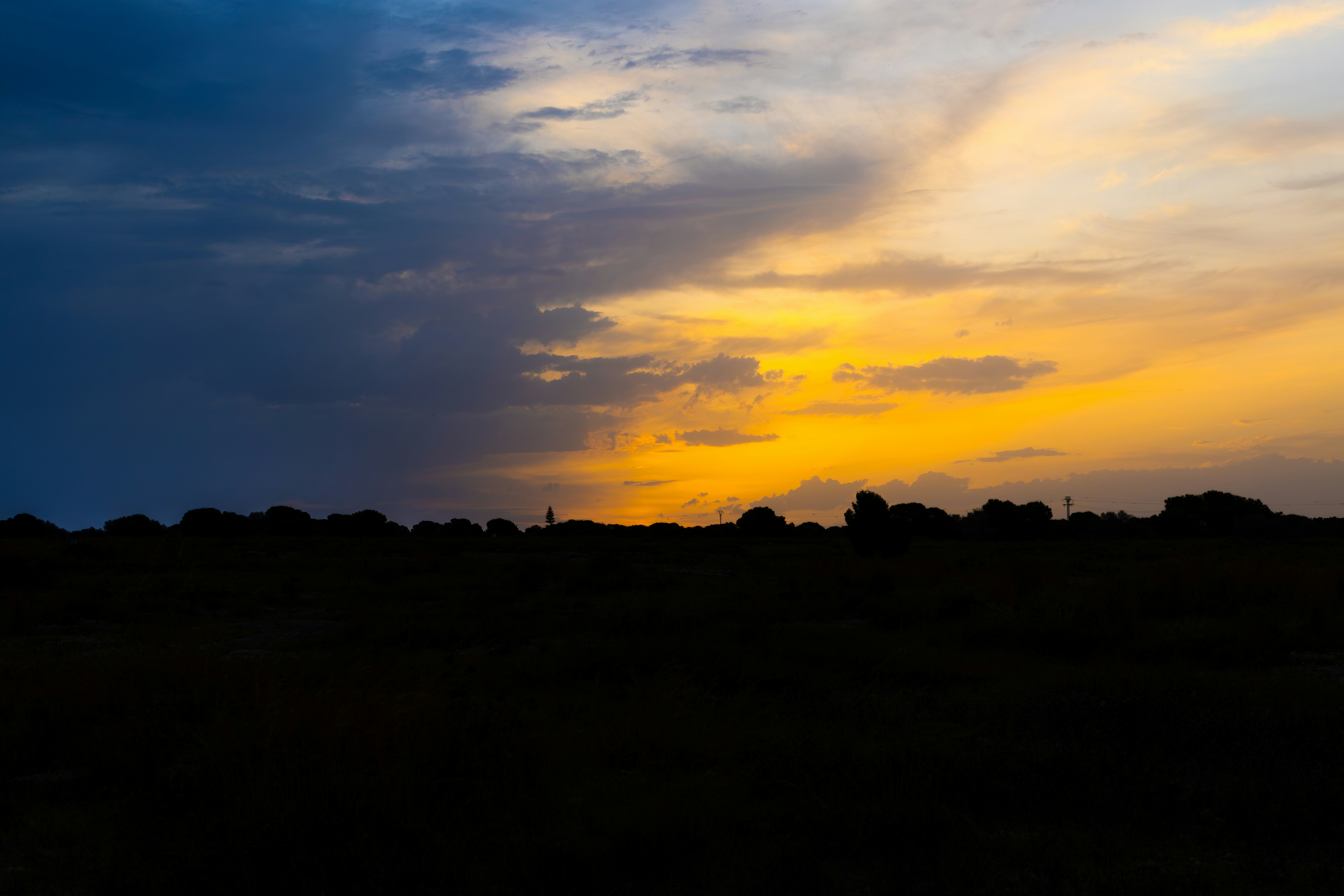 Dusk Over the Prairie: Silhouetted Horizon Beneath a Fiery Sky
