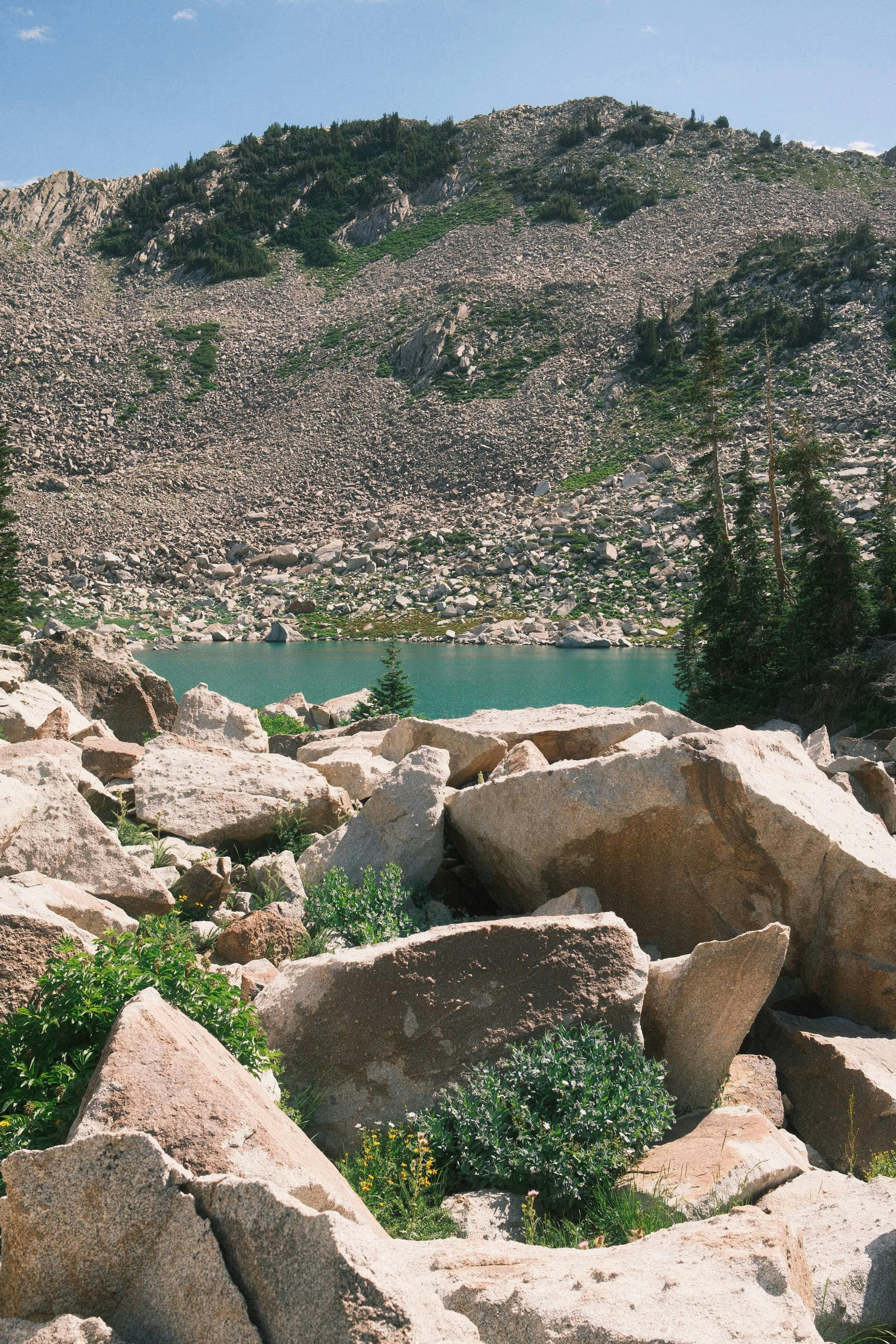 Turquoise alpine lake framed by rugged boulders and a rocky slope; evergreen trees dot the background as a calm foreground of granite blocks anchors the scene.