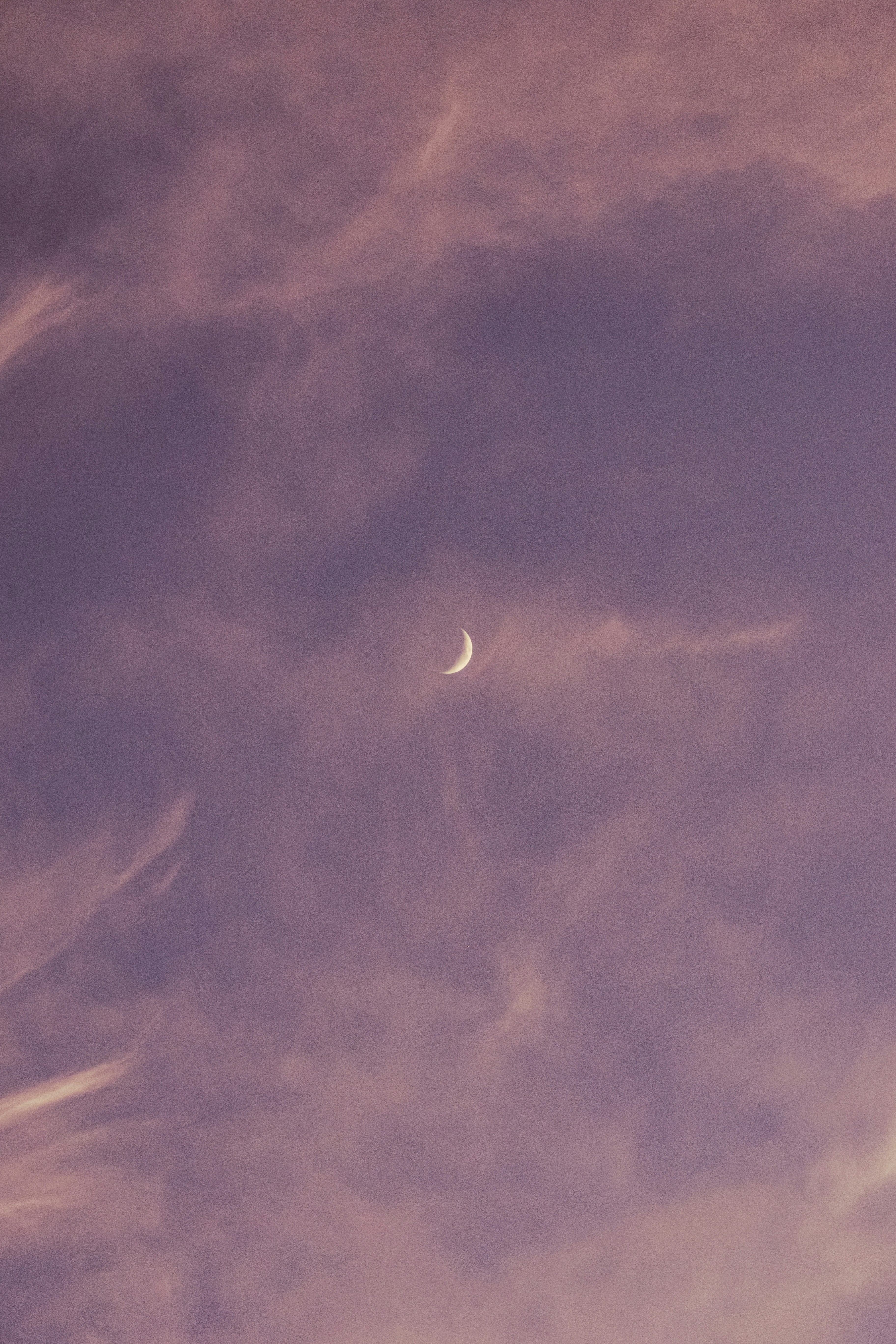Delicate crescent moon against lavender-pink twilight clouds, minimal composition emphasizing atmospheric color. The scene is a natural sky landscape with no people or major landmarks.
