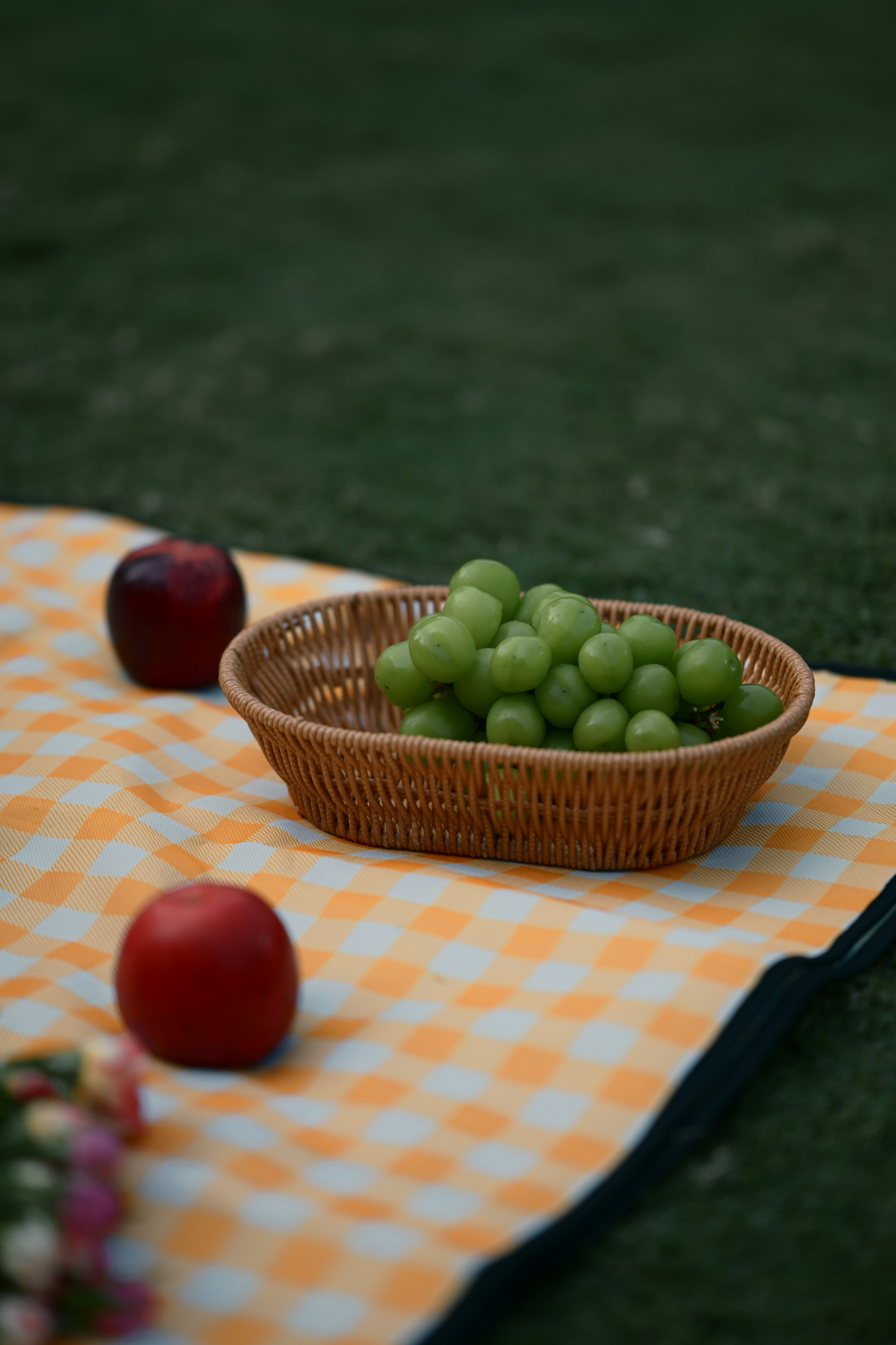 Basket of Green Grapes on a Checkered Picnic Blanket