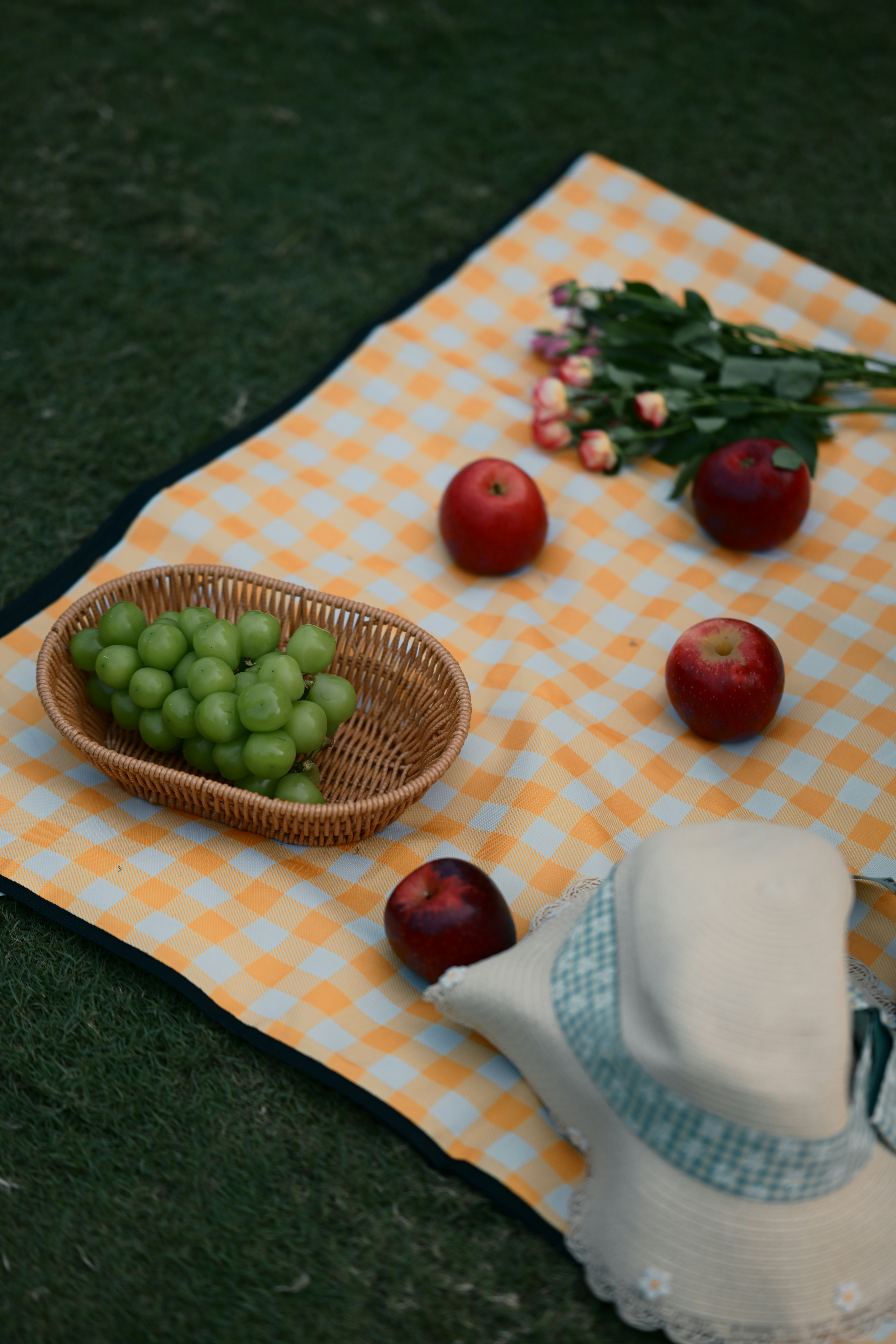 Sunlit Picnic Still Life with Grapes and Apples