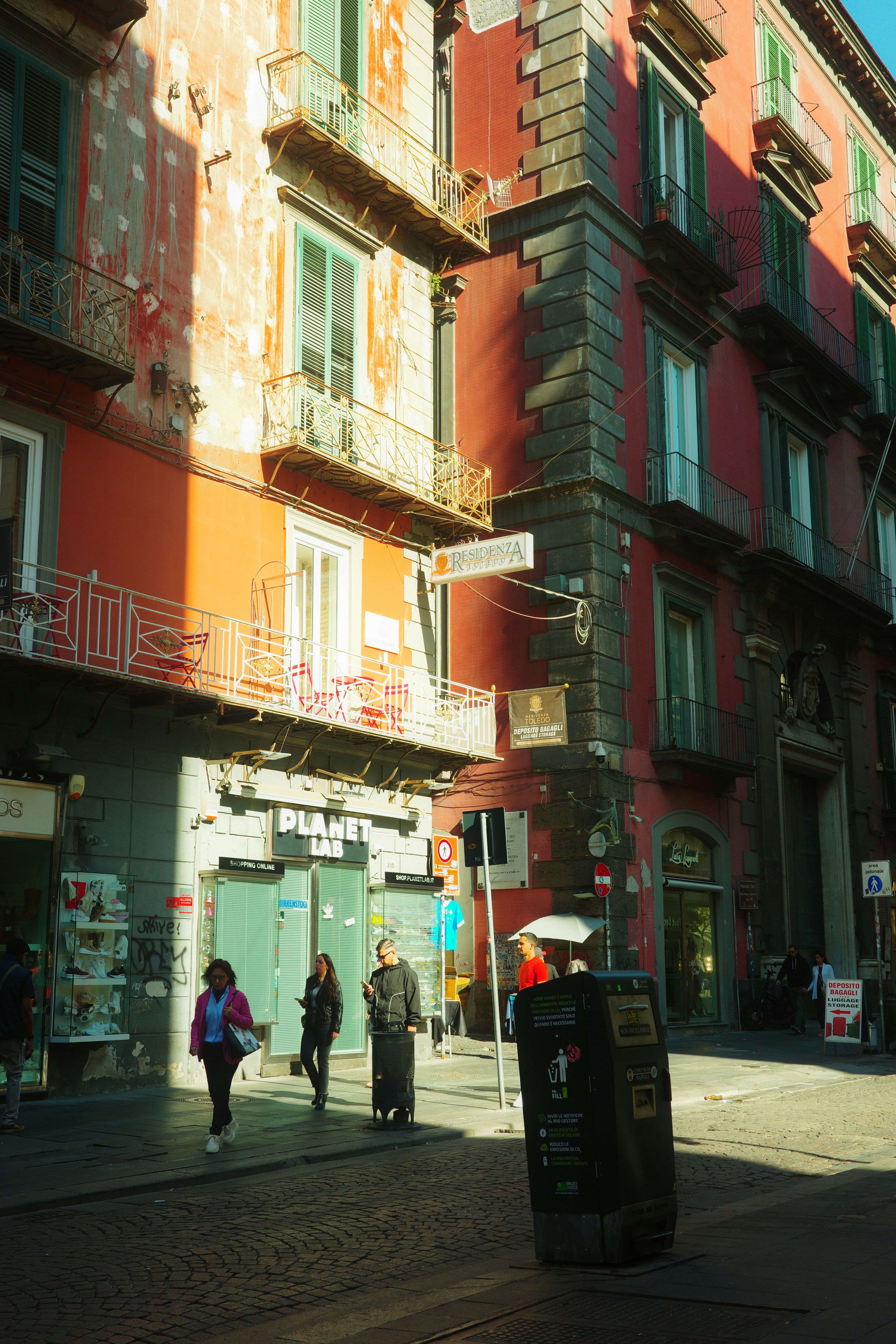 Sunlit Calle in Naples: Colorful Facades and Quiet Street Cinema