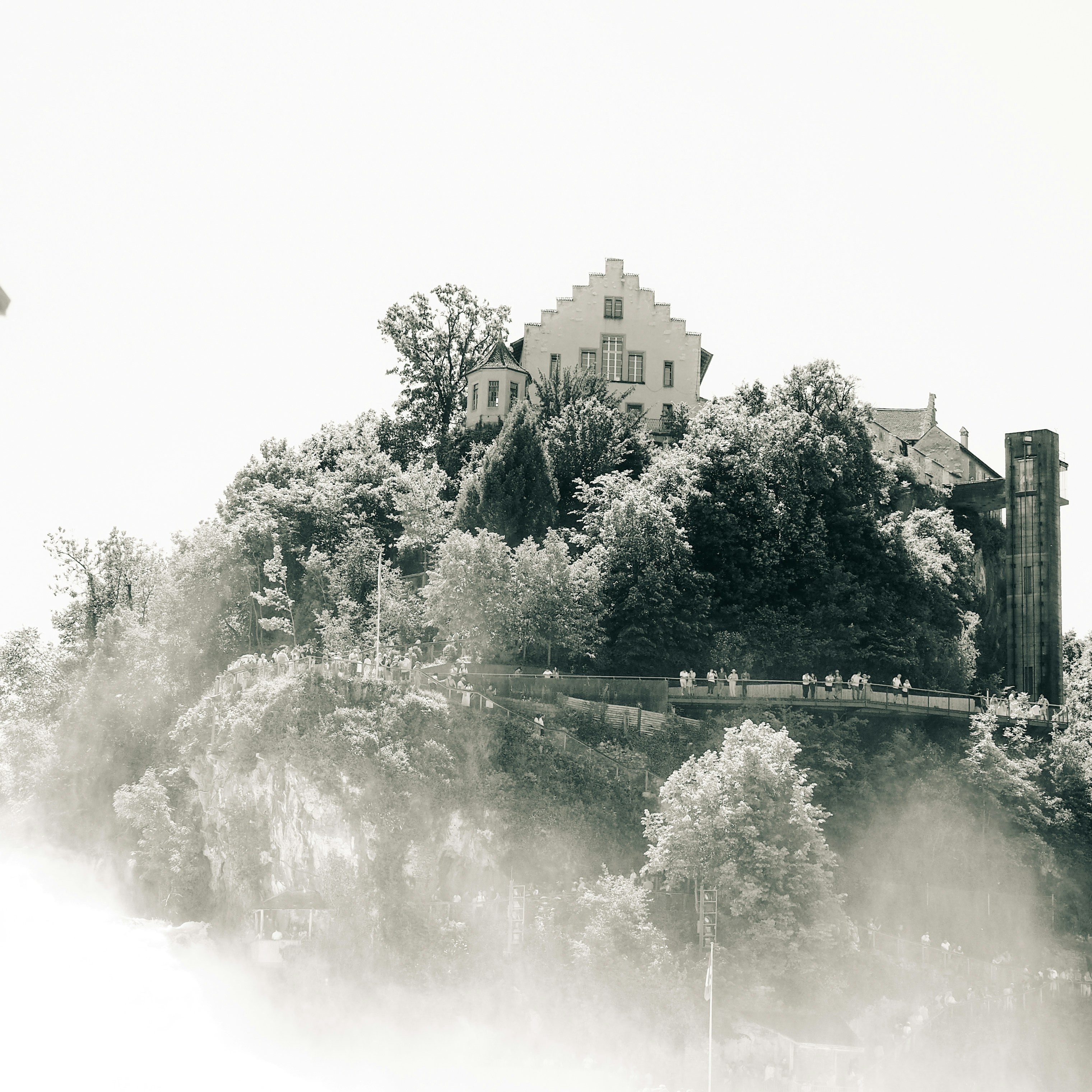 Castle atop the hillside shrouded in mist and trees