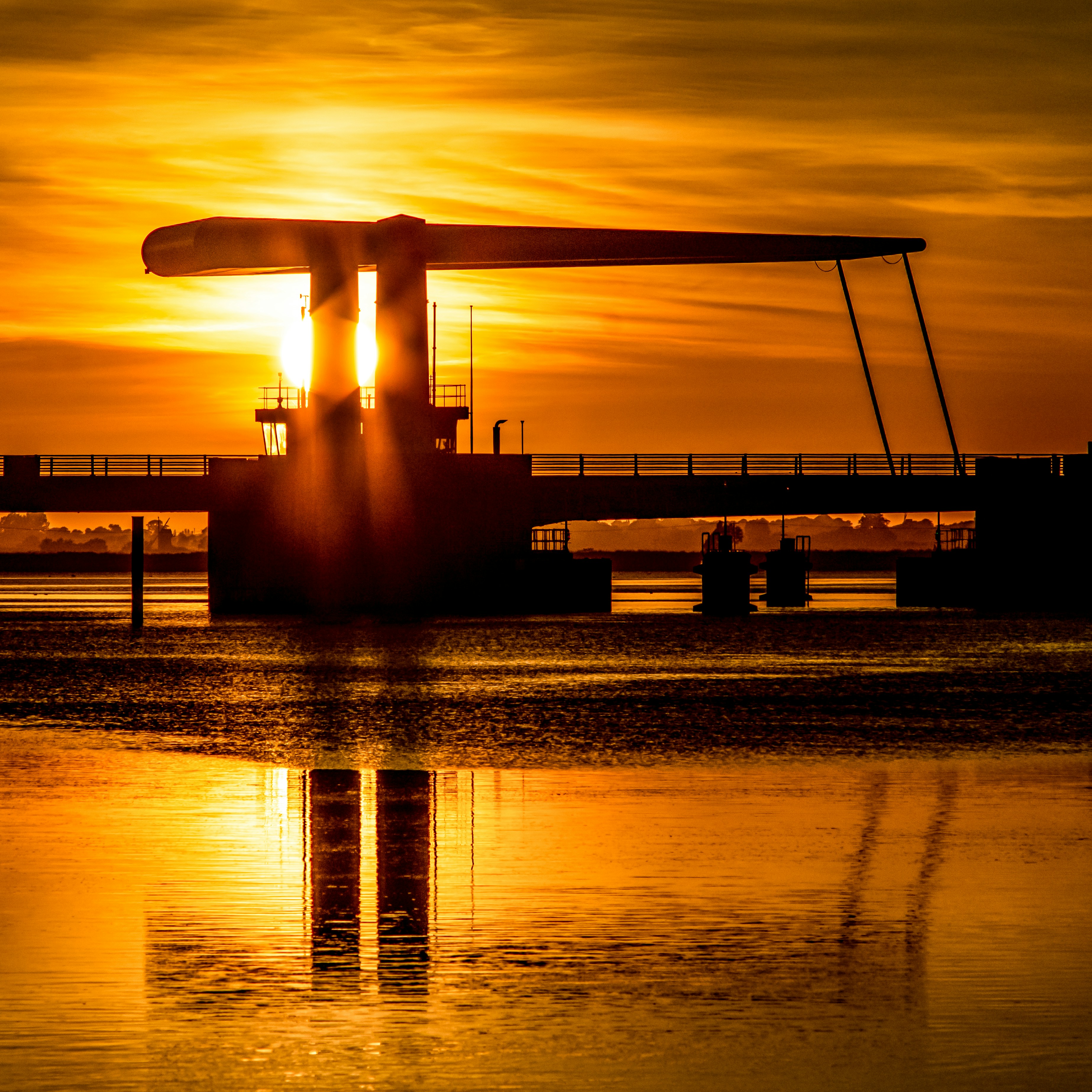 Sunlit Crane at Dusk: A Silhouette Over Calm Water