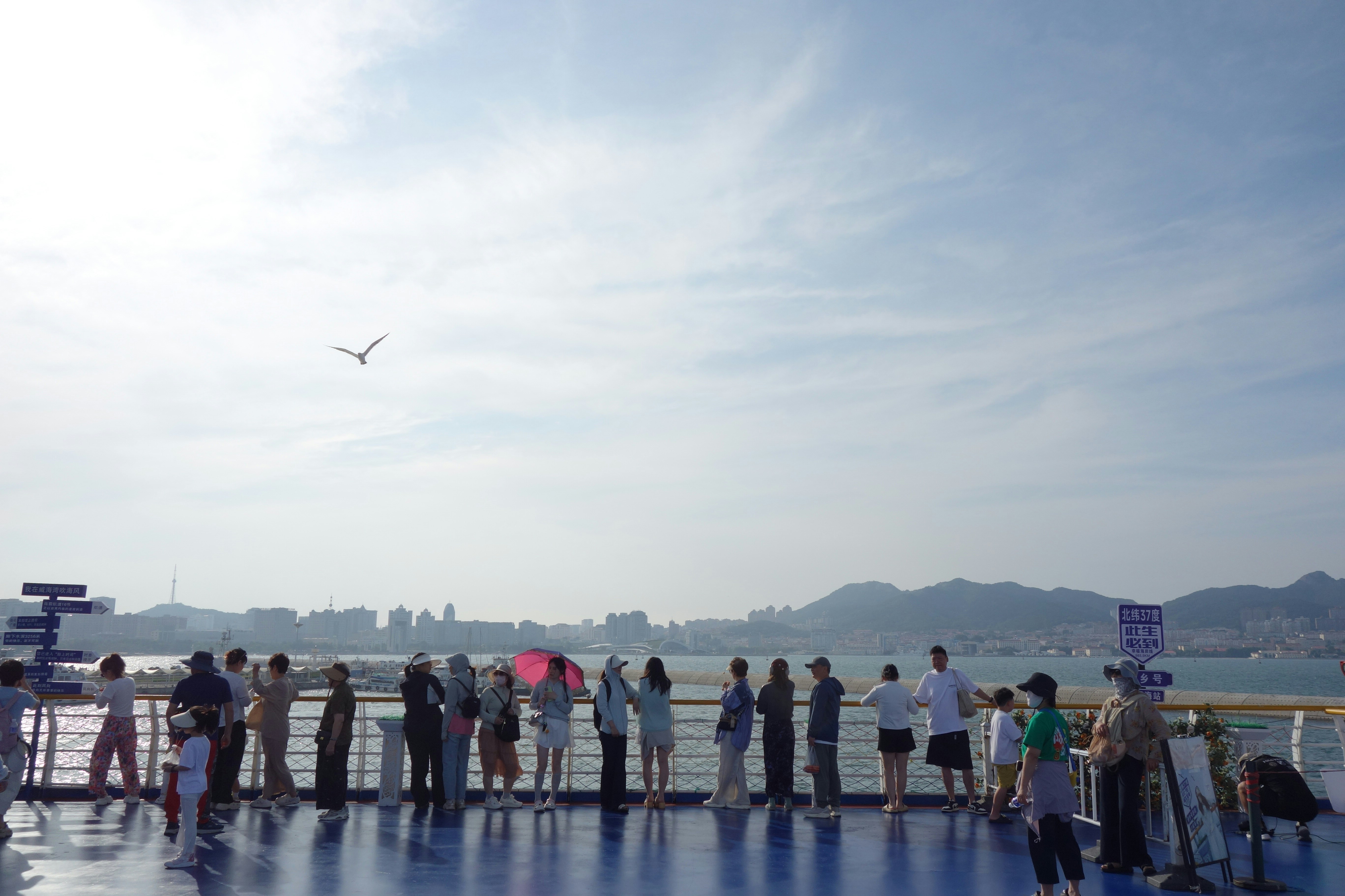 Line of Onlookers on a Sunlit Pier with a Distant City Horizon