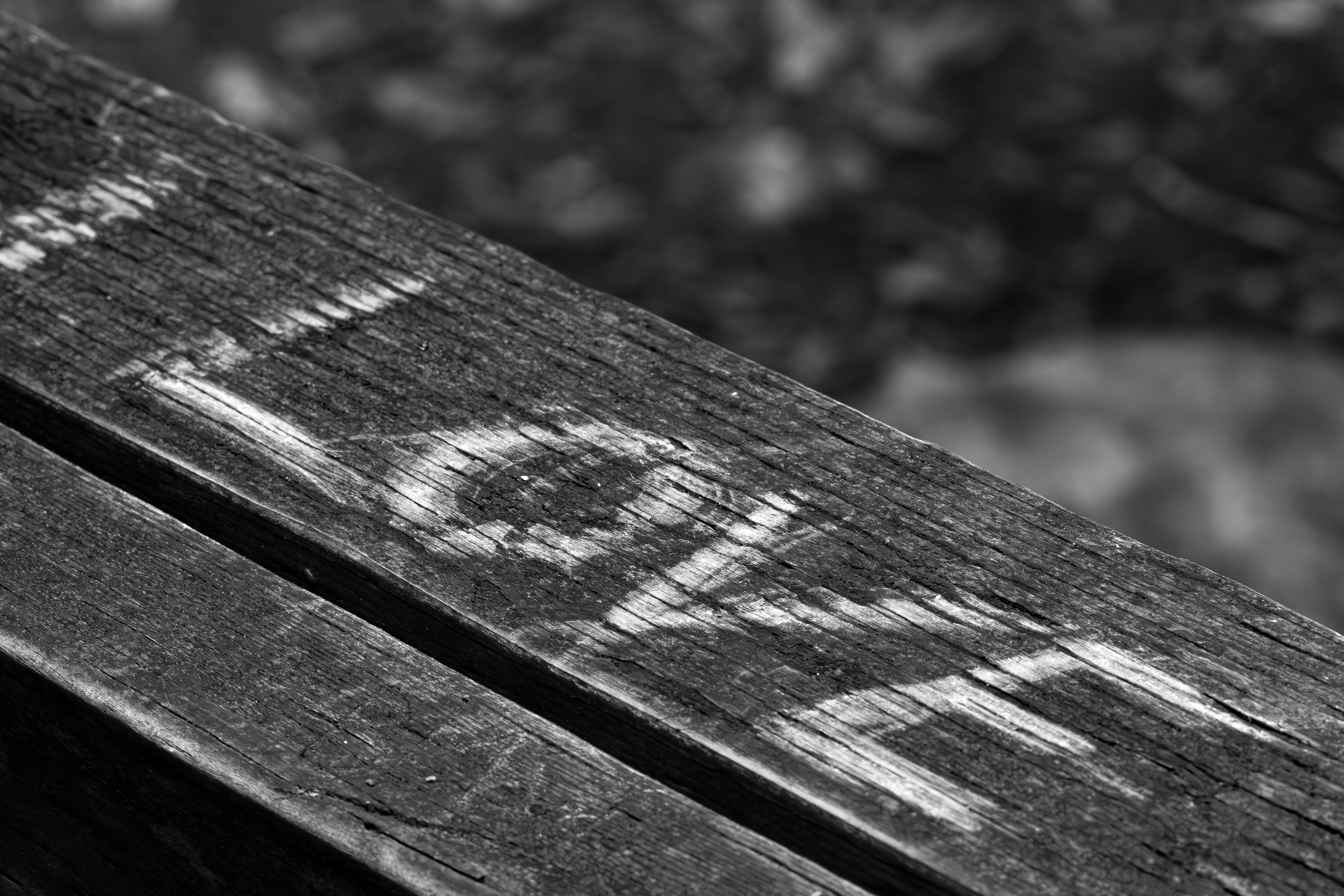 Weathered bench plank with carved markings in monochrome