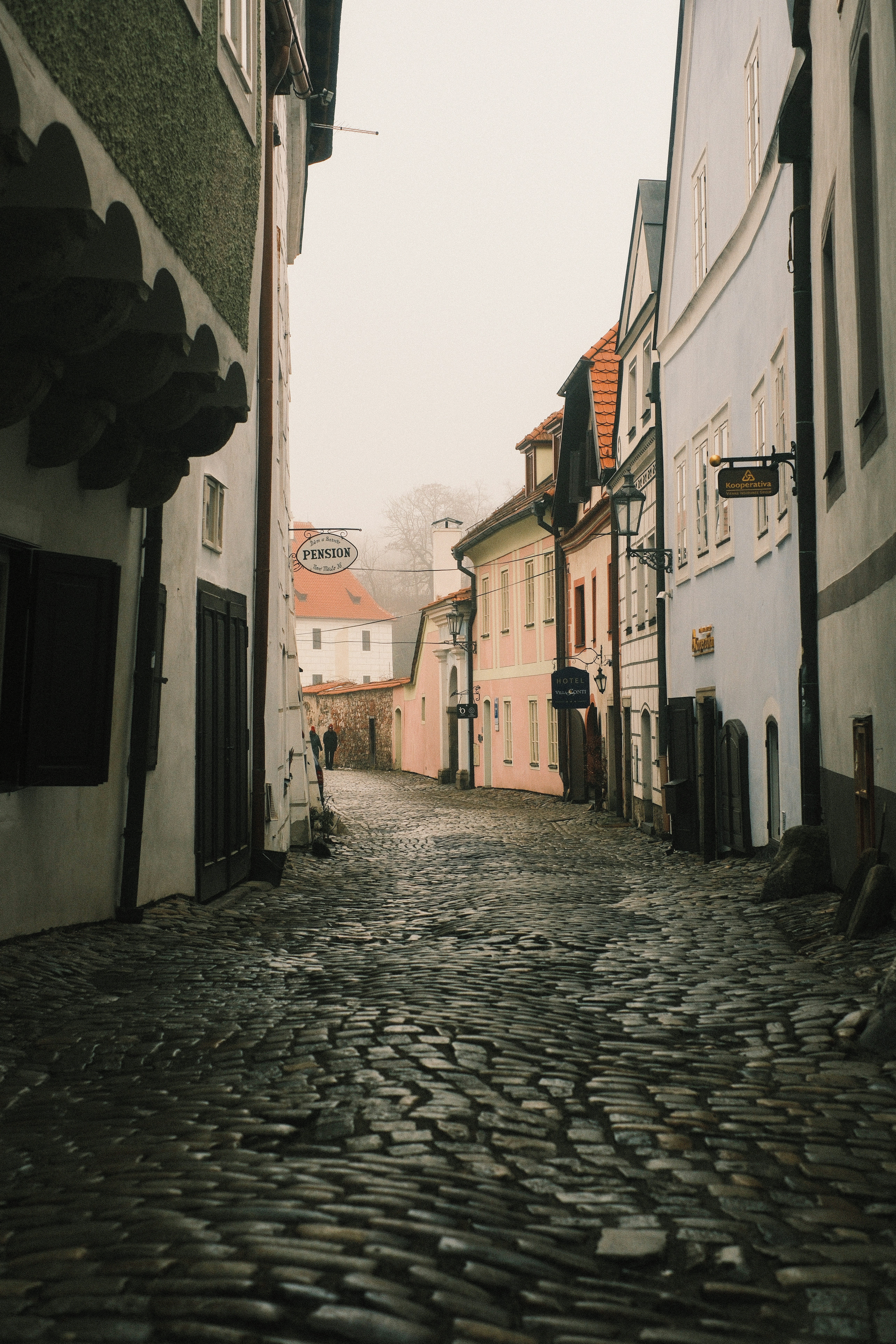 Quiet cobblestone lane under a pale morning light