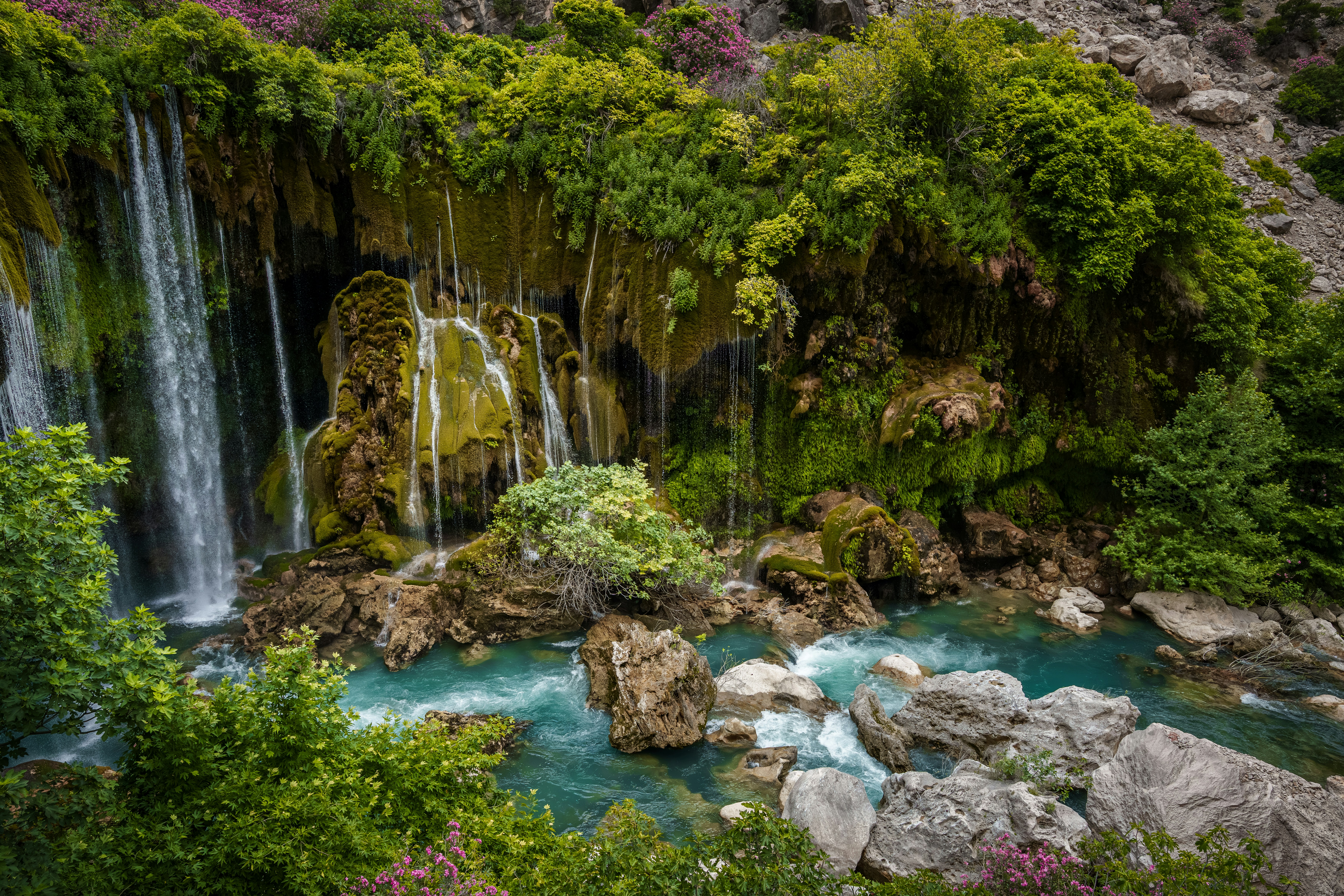 Emerald Cascade: A Rugged Gorge Framed by Verdant Cliffs