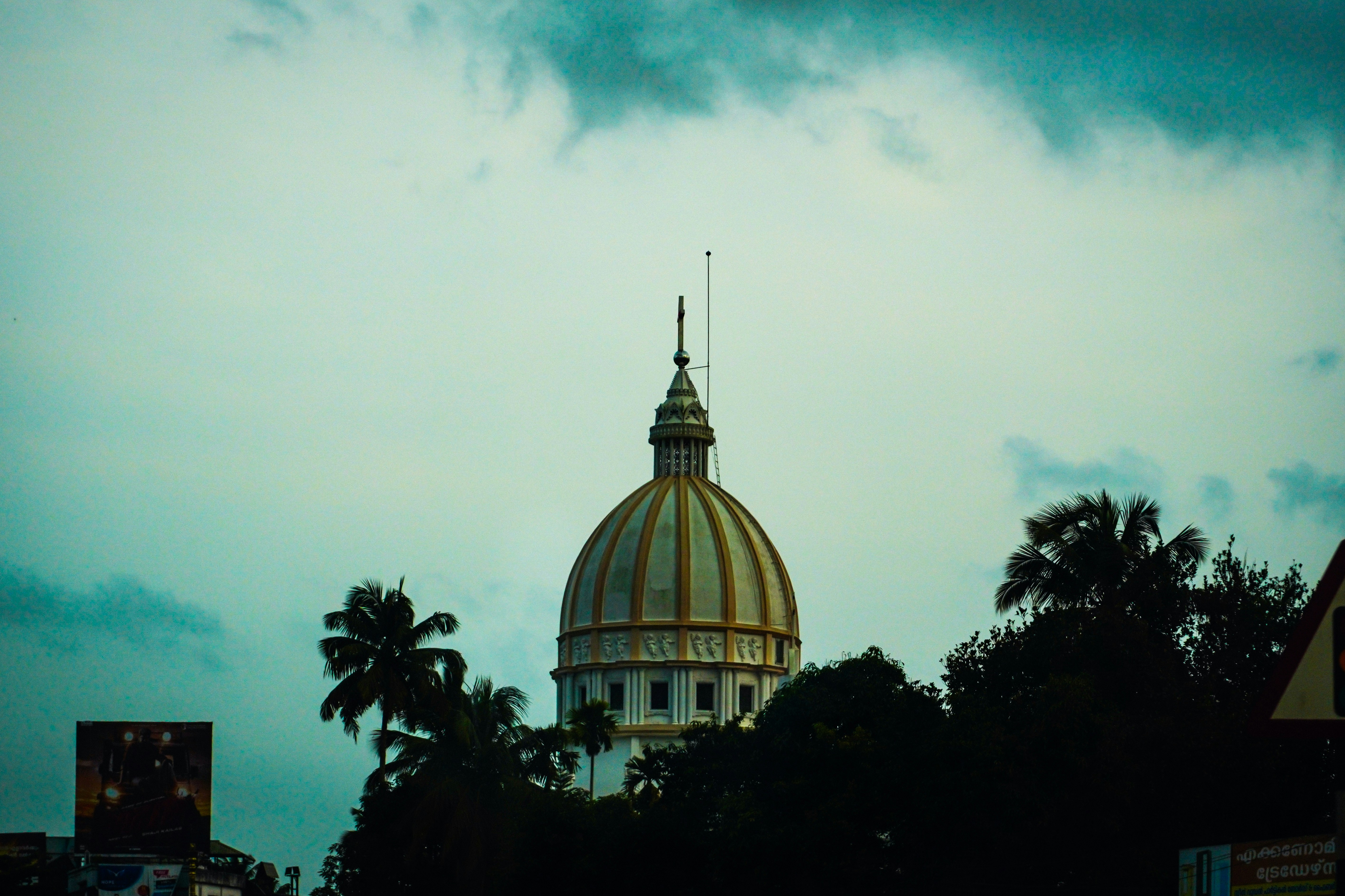 Dome over Darkness: City Silhouette and Palm Shadows