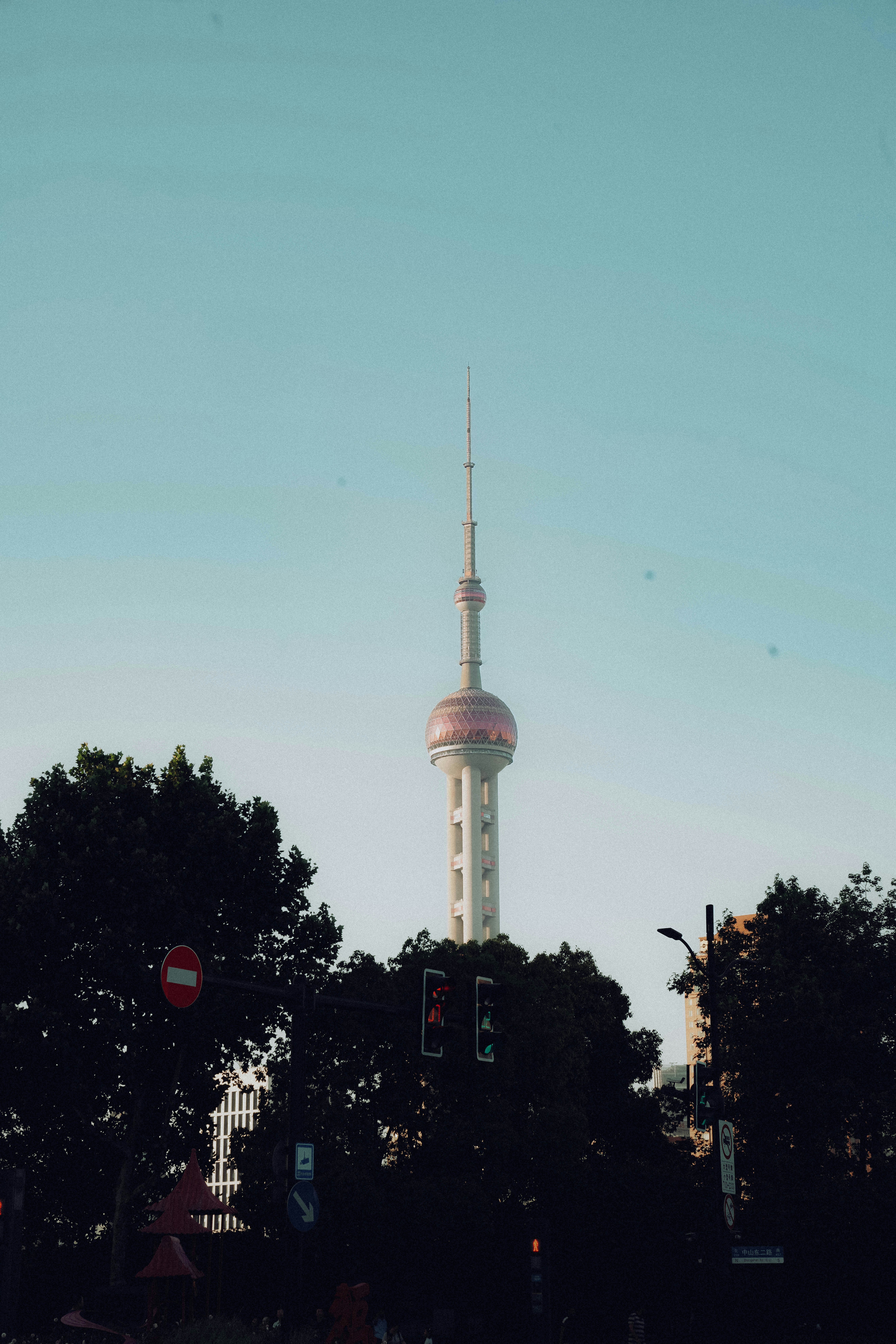 Distant Skyline: The Shanghai Tower Rising Above the Urban Canopy