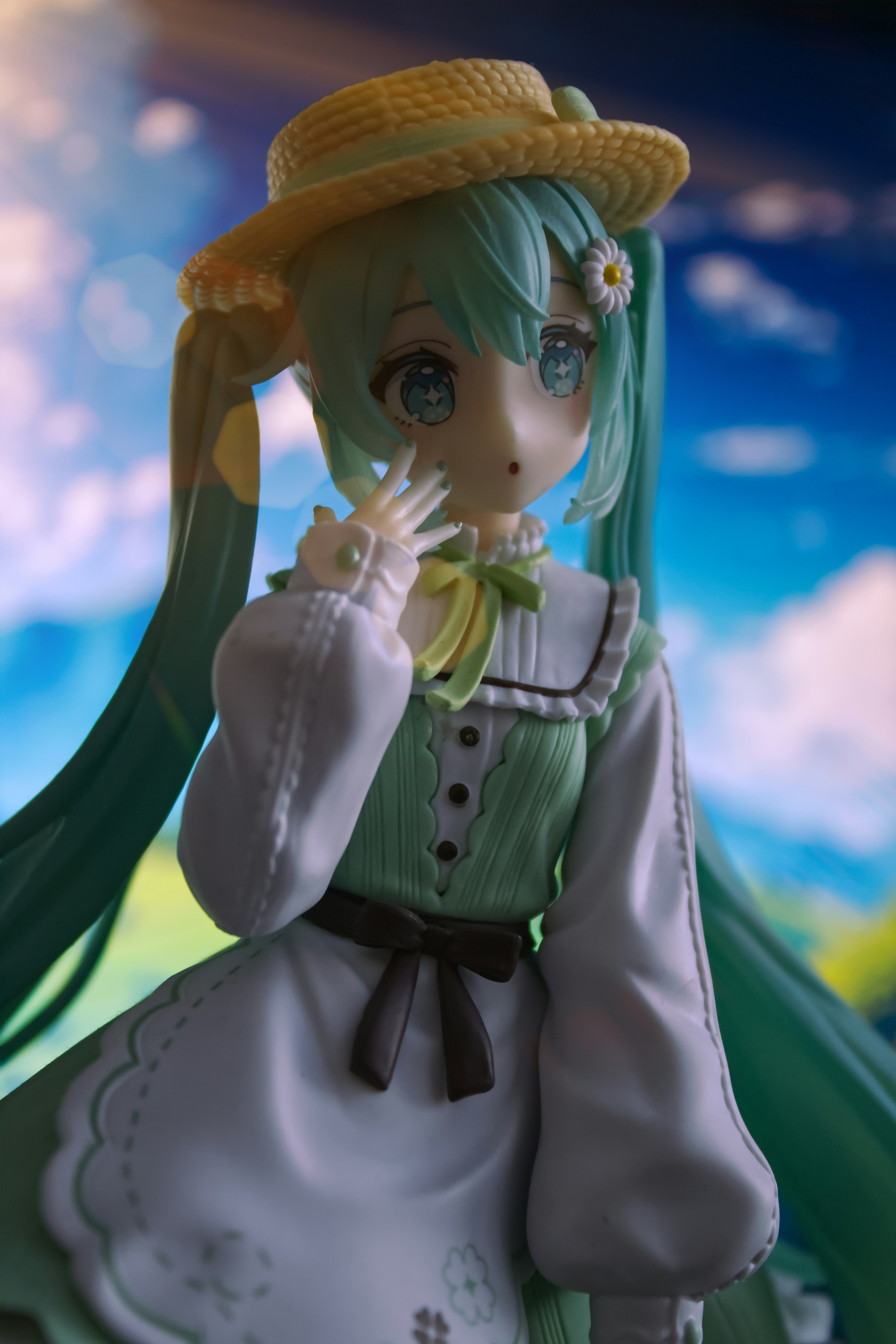 Straw-hatted Dream: Mint-haired Figure in Soft Focus Sky