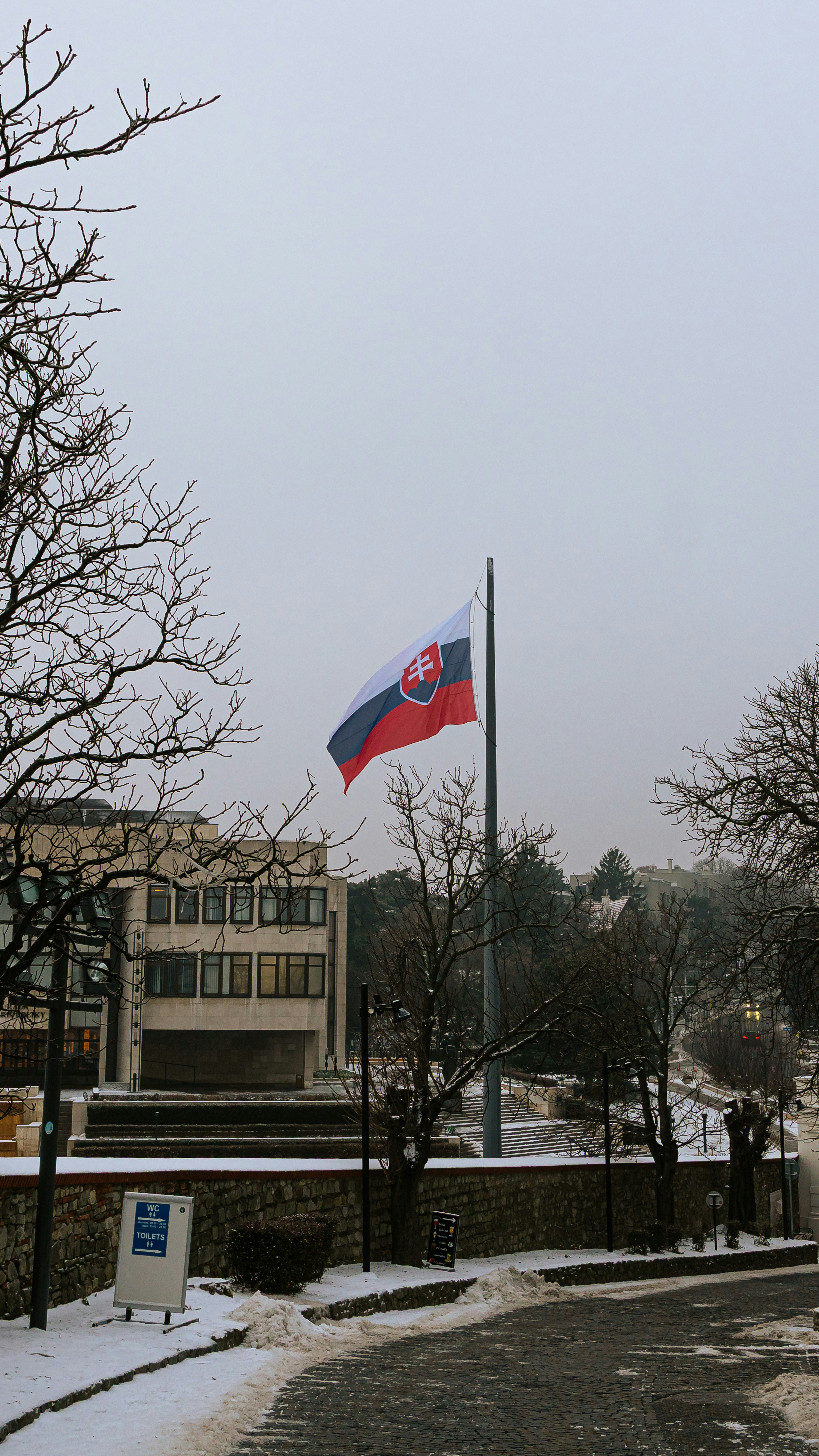 Flag of Slovakia over a quiet winter street