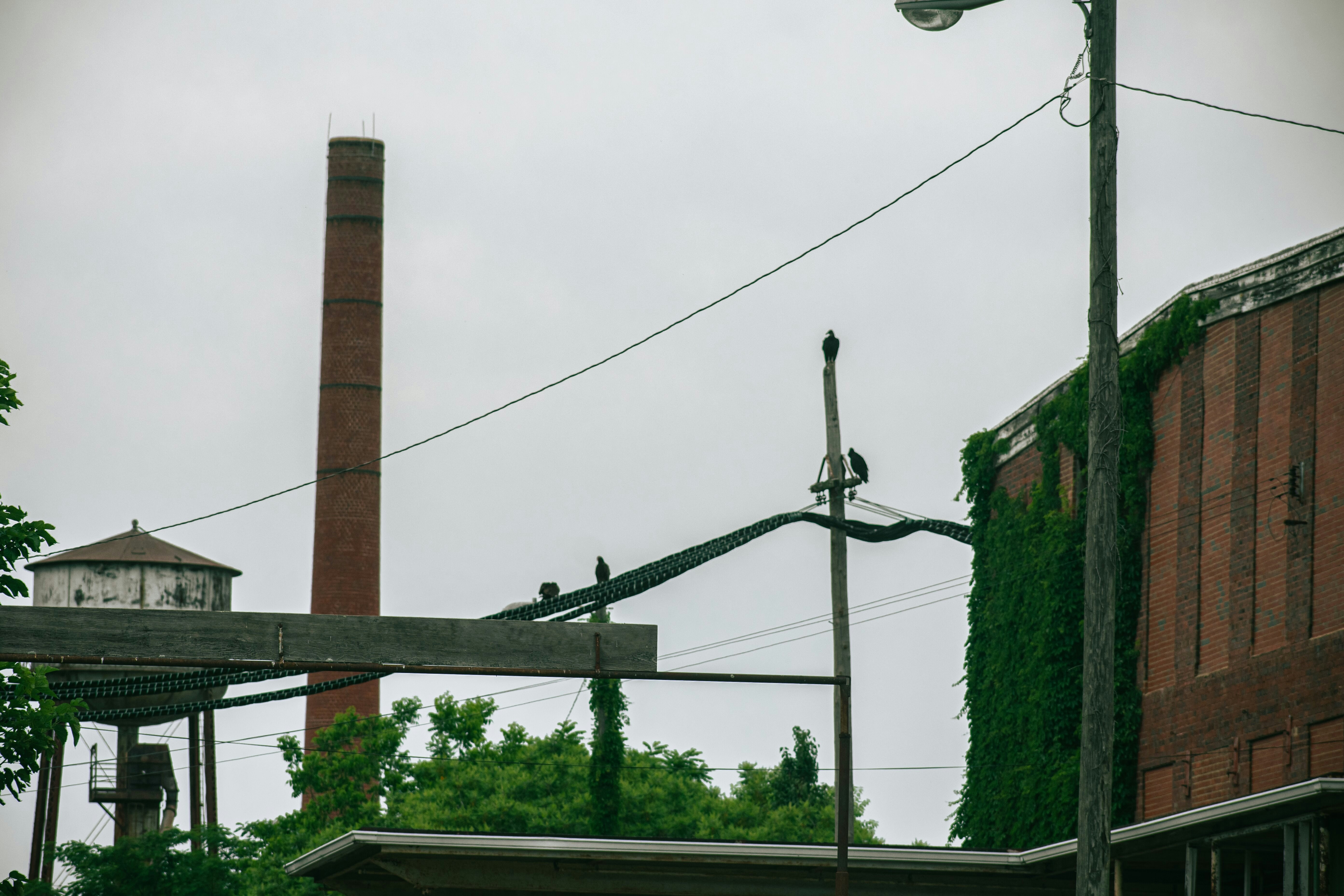 Industrial Quiet: Chimney, Cables, and Brick Facades in Morning Light