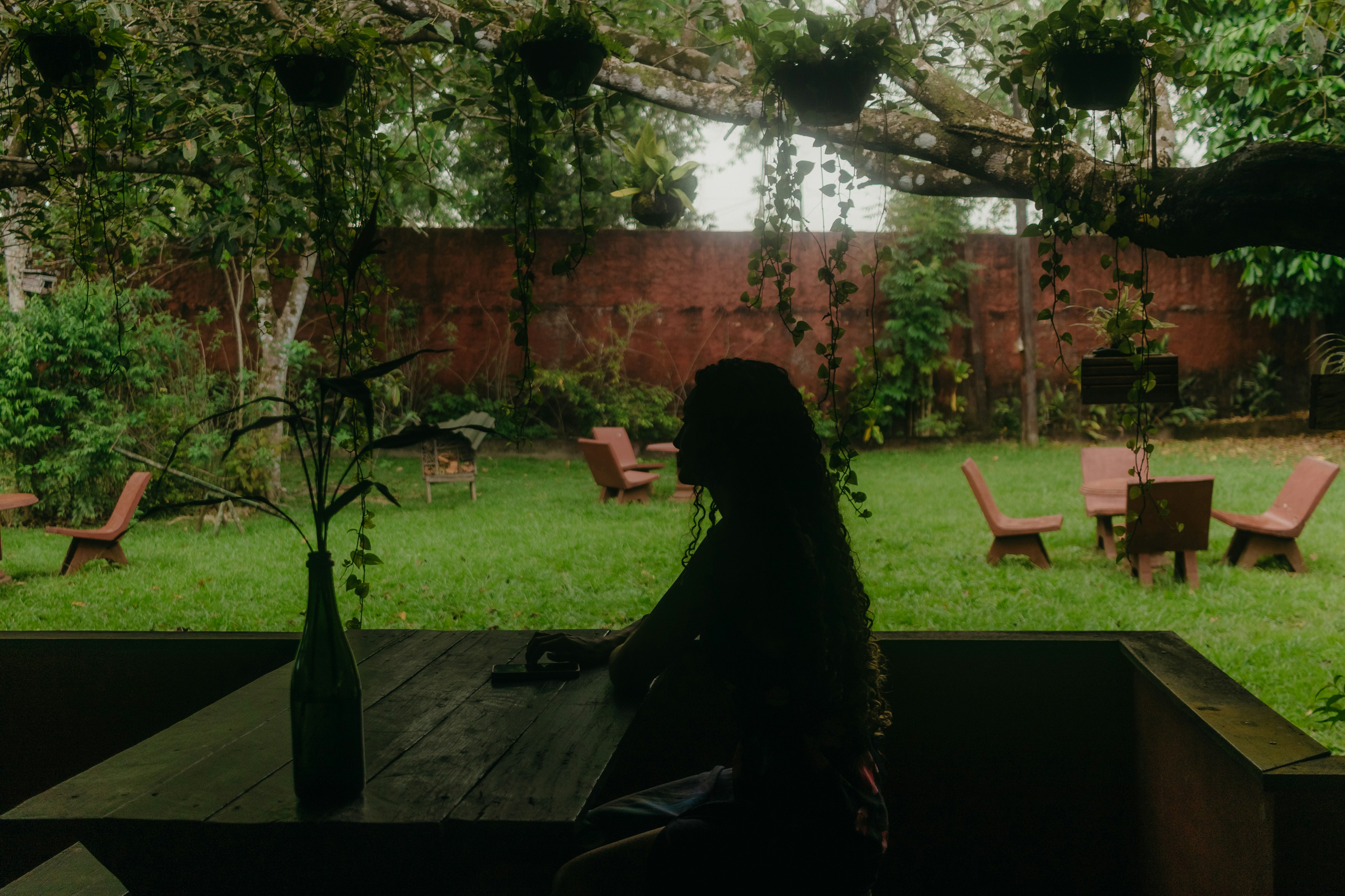 Silhouette at the Garden Edge: Quiet Portrait in Dappled Shade