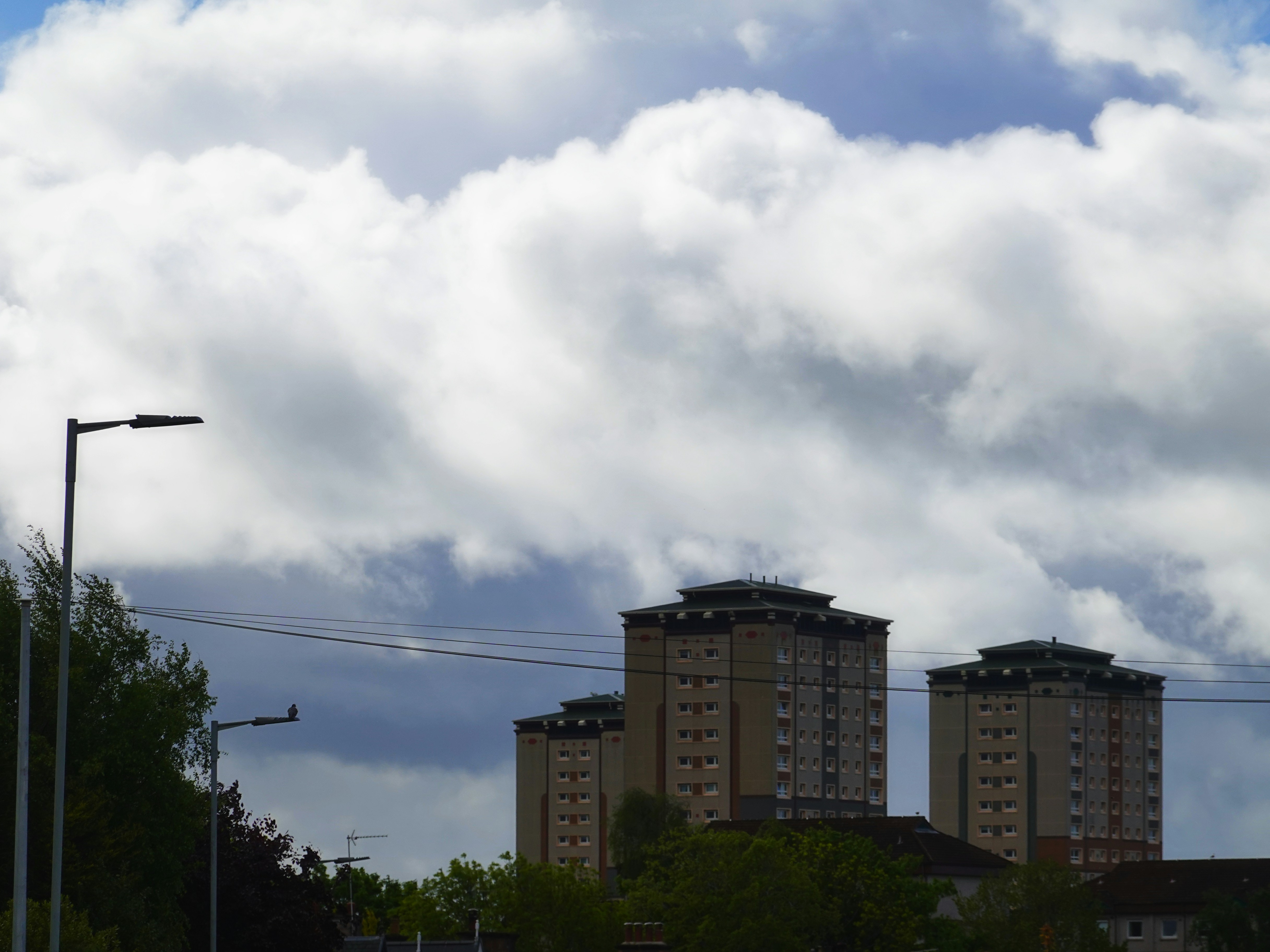 Two tall residential towers rise behind a quiet street with trees and a streetlamp in the foreground; overcast sky with fluffy clouds adds depth to the urban scene.