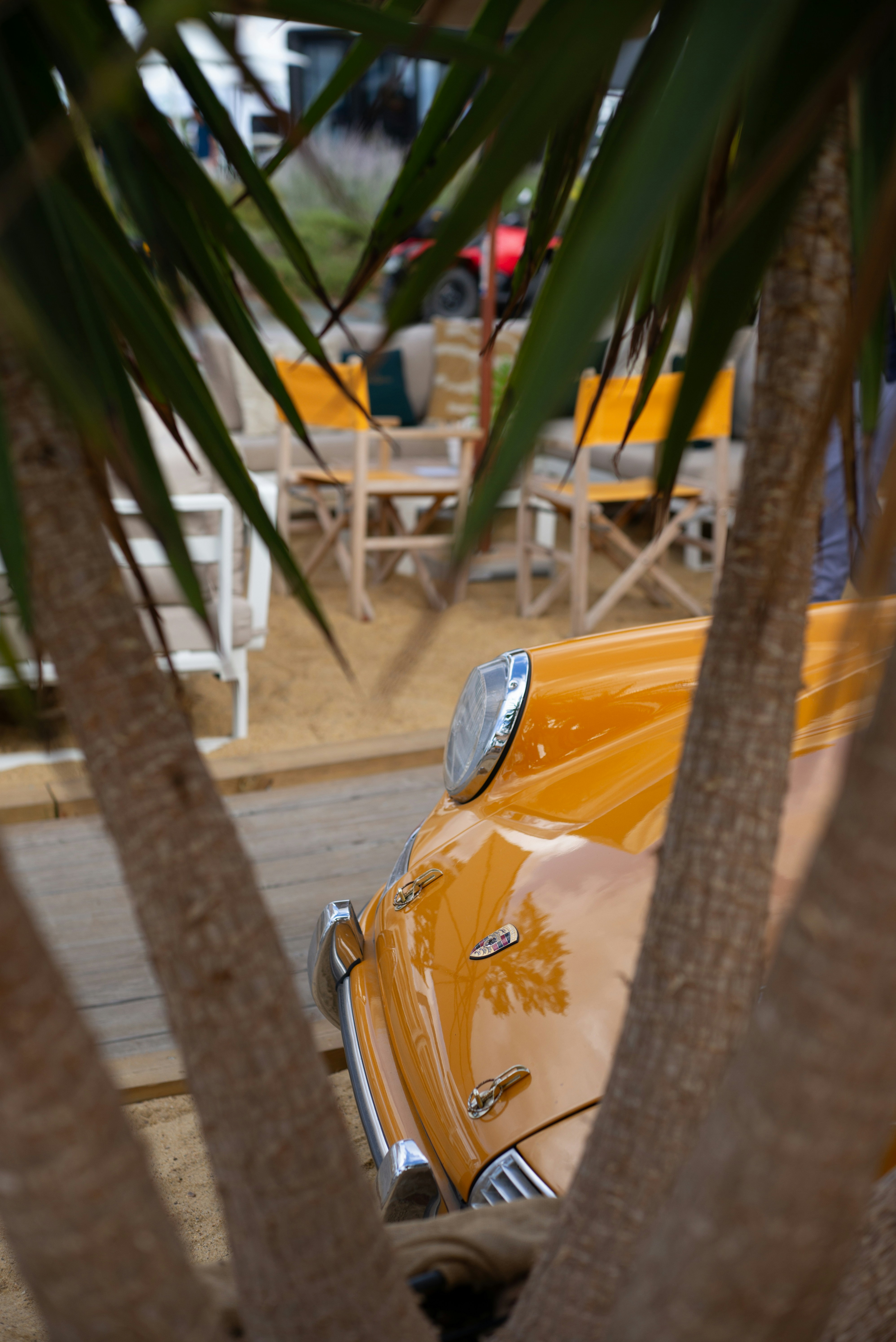 Orange vintage car peeks through palm fronds in a beachside setup with lounge chairs in the background; a calm, candid scene emphasizing color and texture. (Logo/brand not evident.)