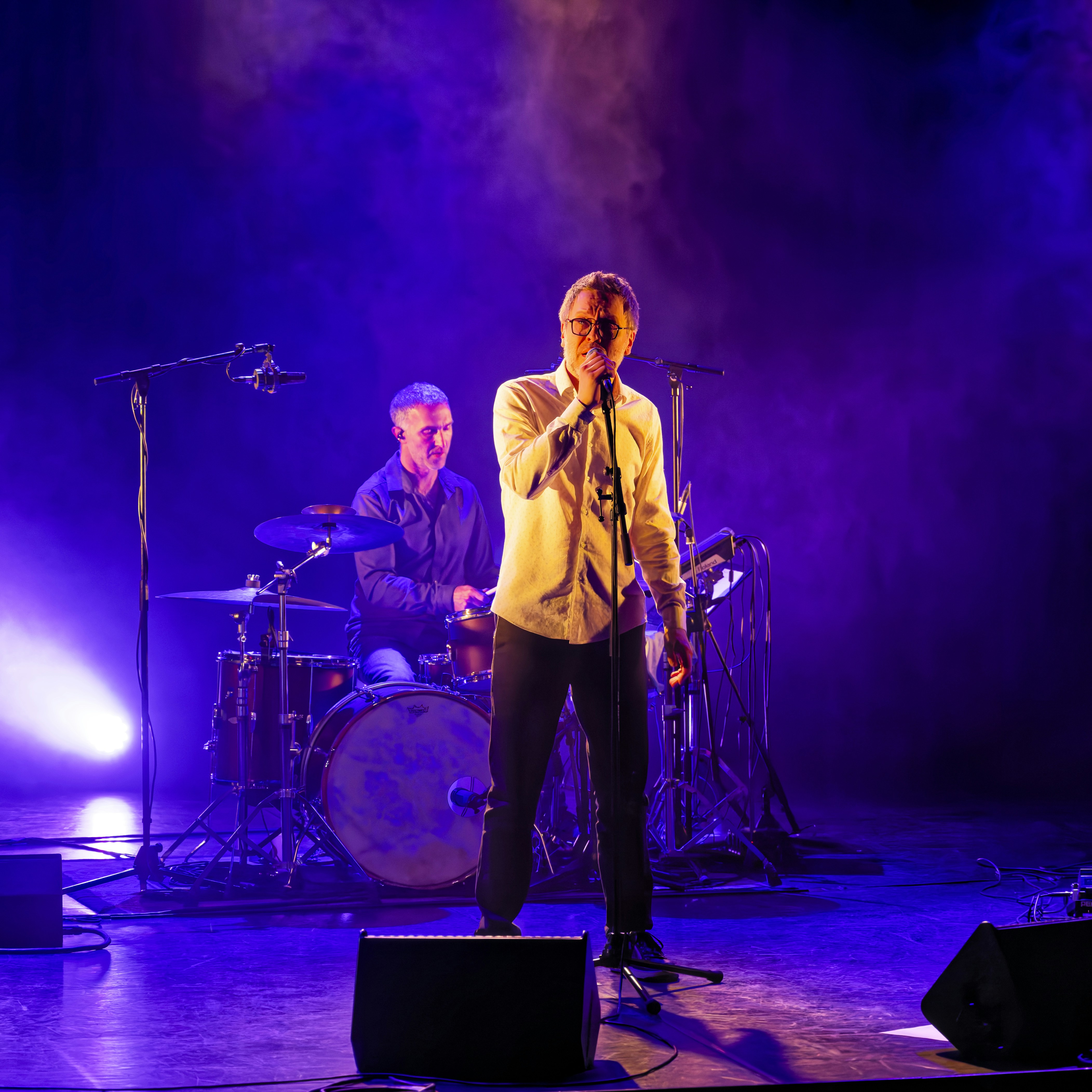 Vivid Night Stage: Lead Singer Amid Purple Haze