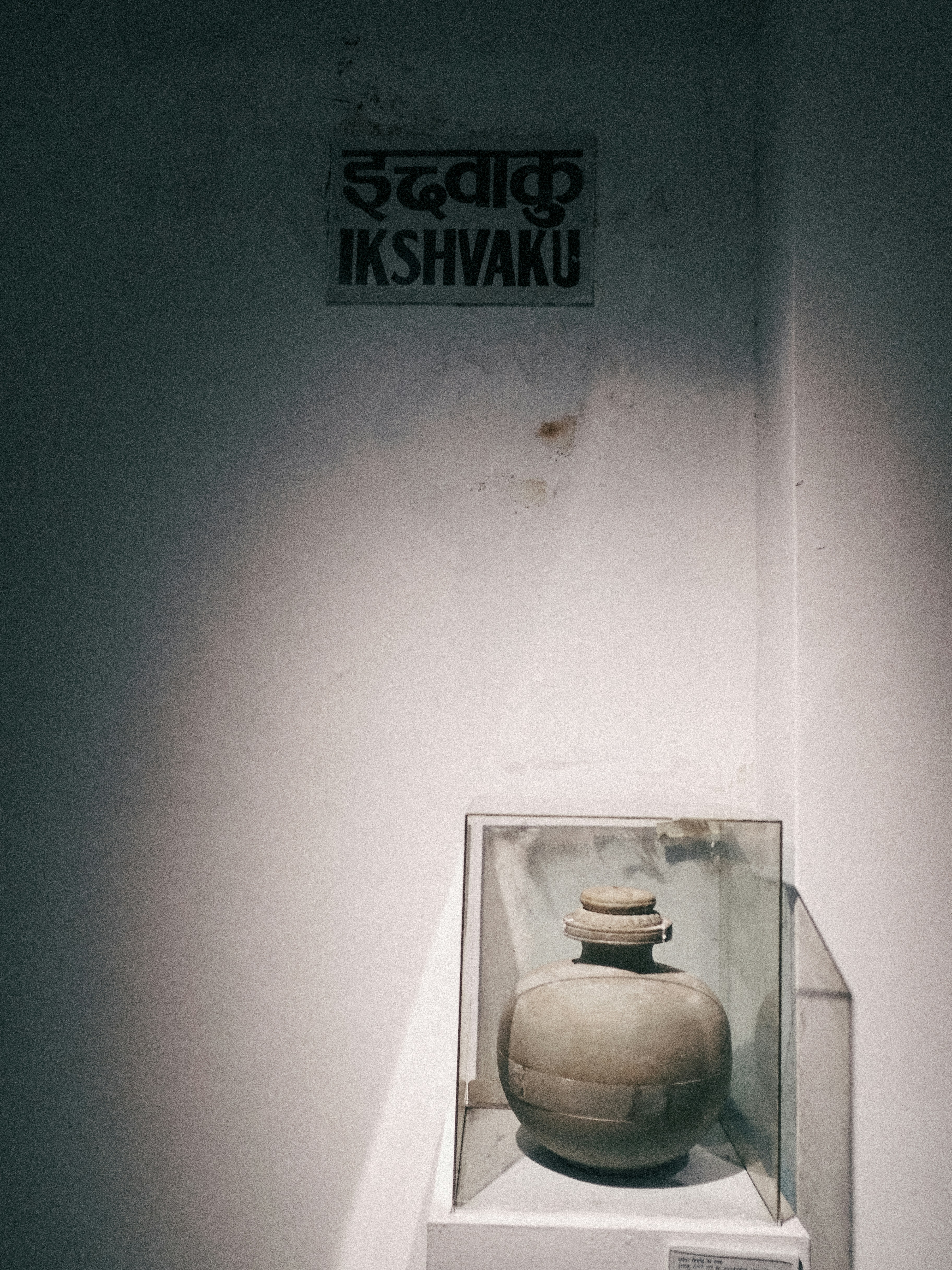 Still life vault: ancient vessel under tactile glass in a dim corridor