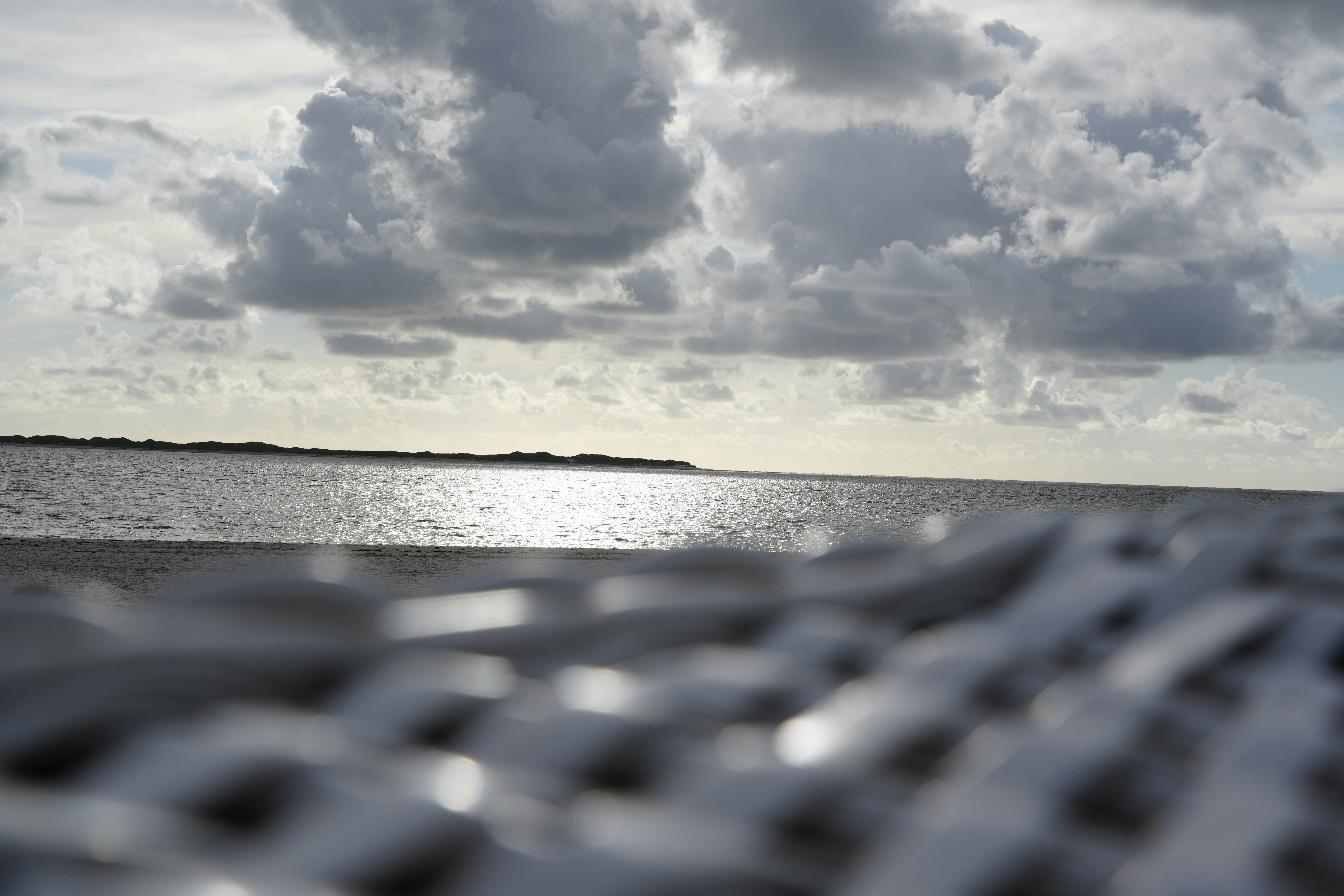 Distant Horizon over Rippling Sea, Framed by Foreground Bokeh