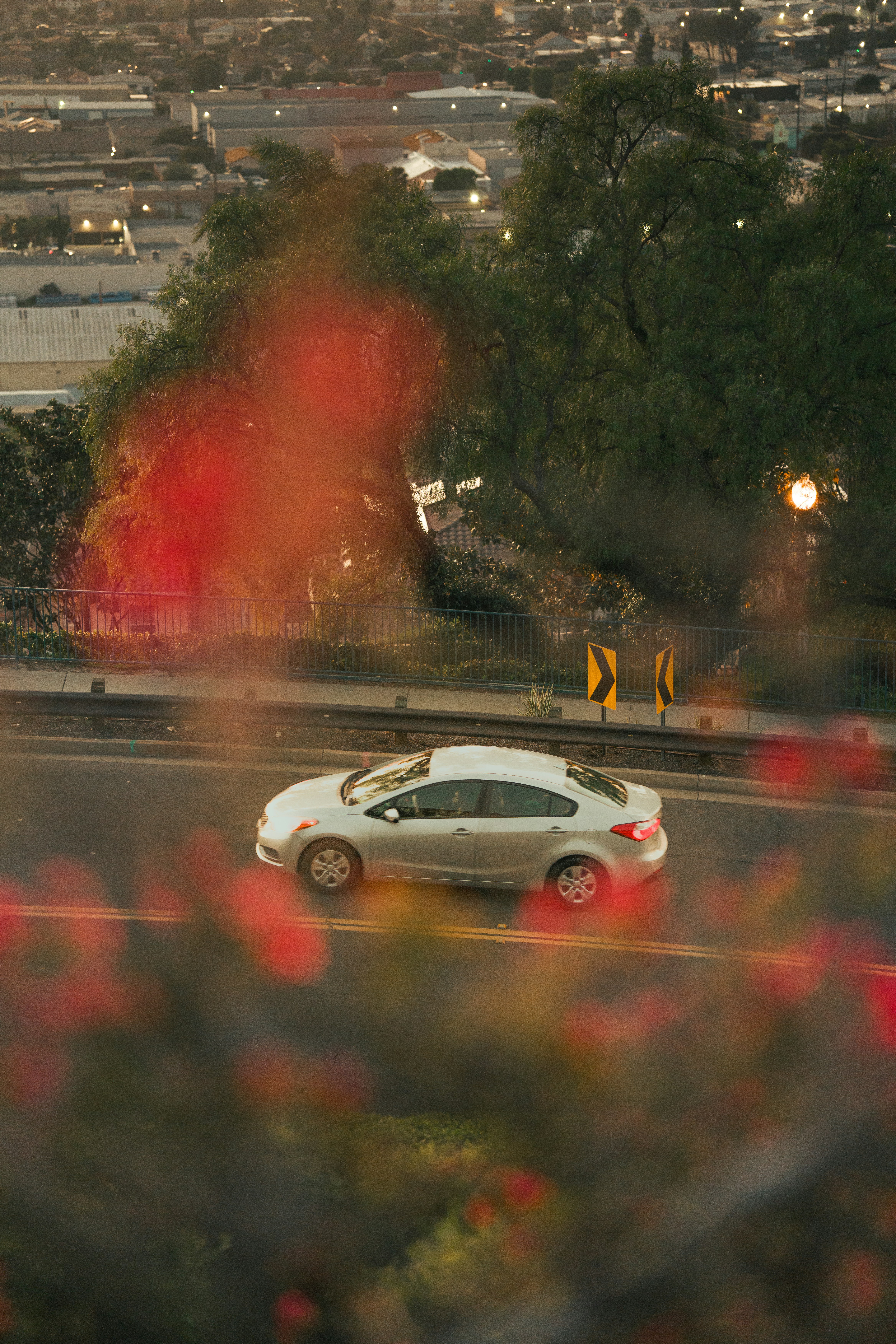 A silver sedan travels on a highway with blurred foreground red flowers and a guardrail behind, urban landscape in the distance. Painting-like bokeh suggests motion in a shallow depth of field.